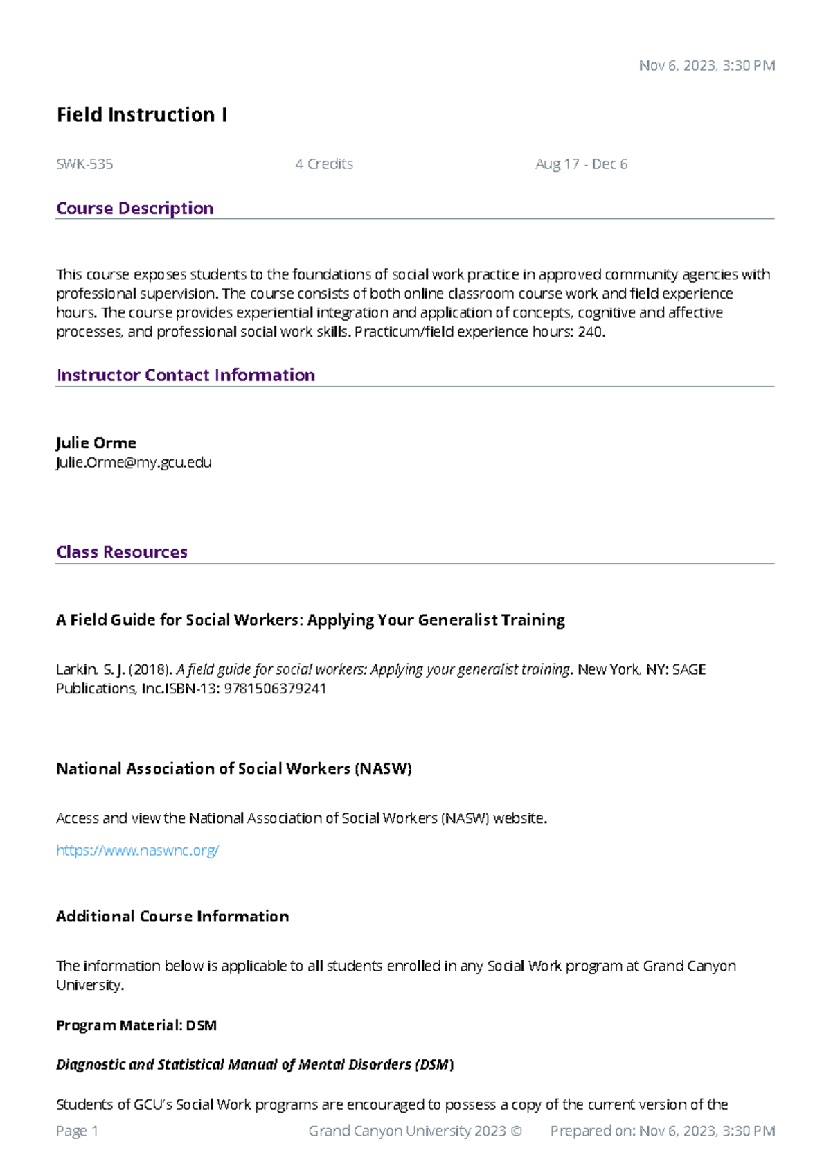 Field Instruction I Syllabus for SWK-535 (Aug-Dec 2023) - Studocu
