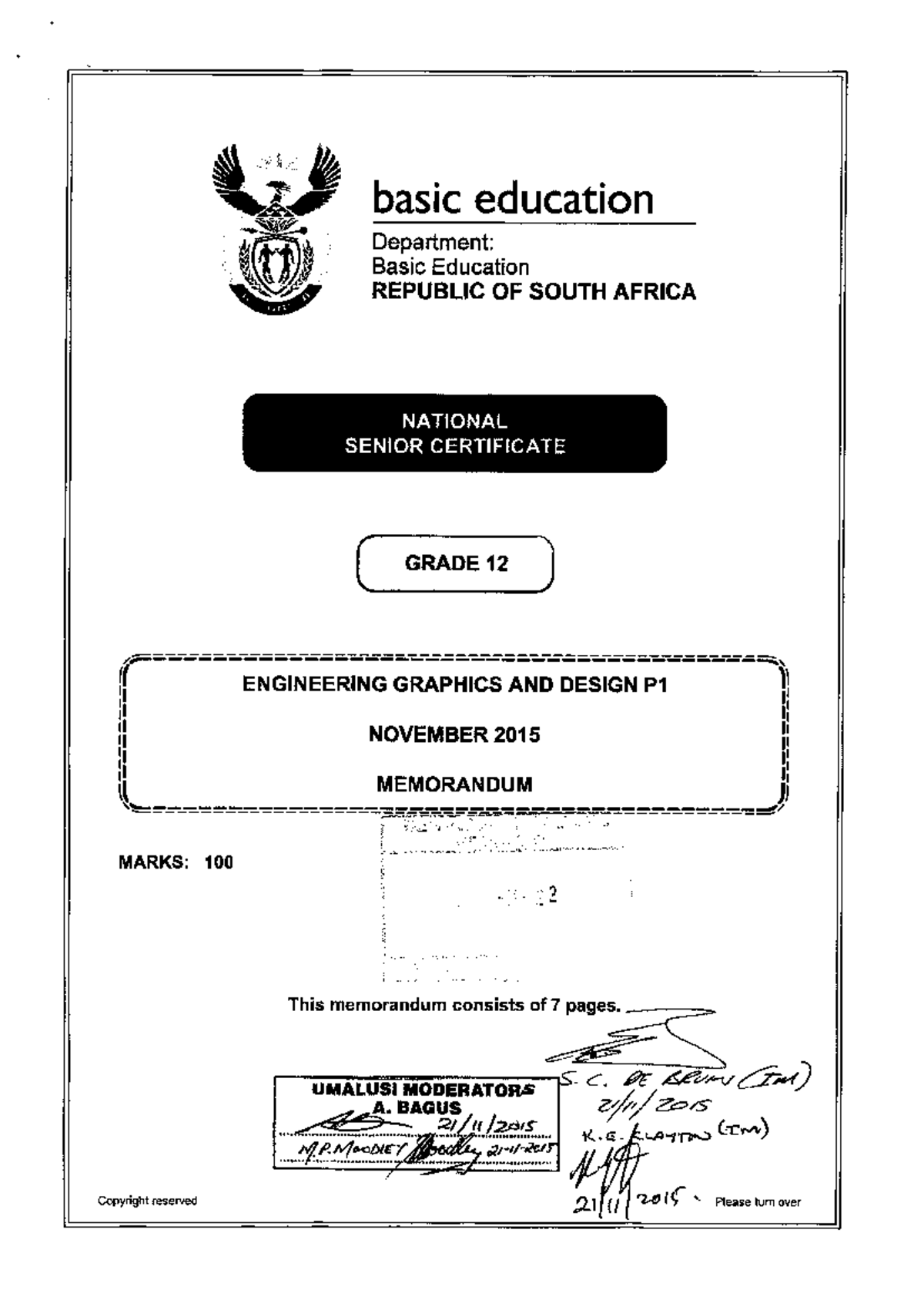 Grade 12 NSC Engineering Graphics & Design P1 Nov 2015 Memo - Studocu