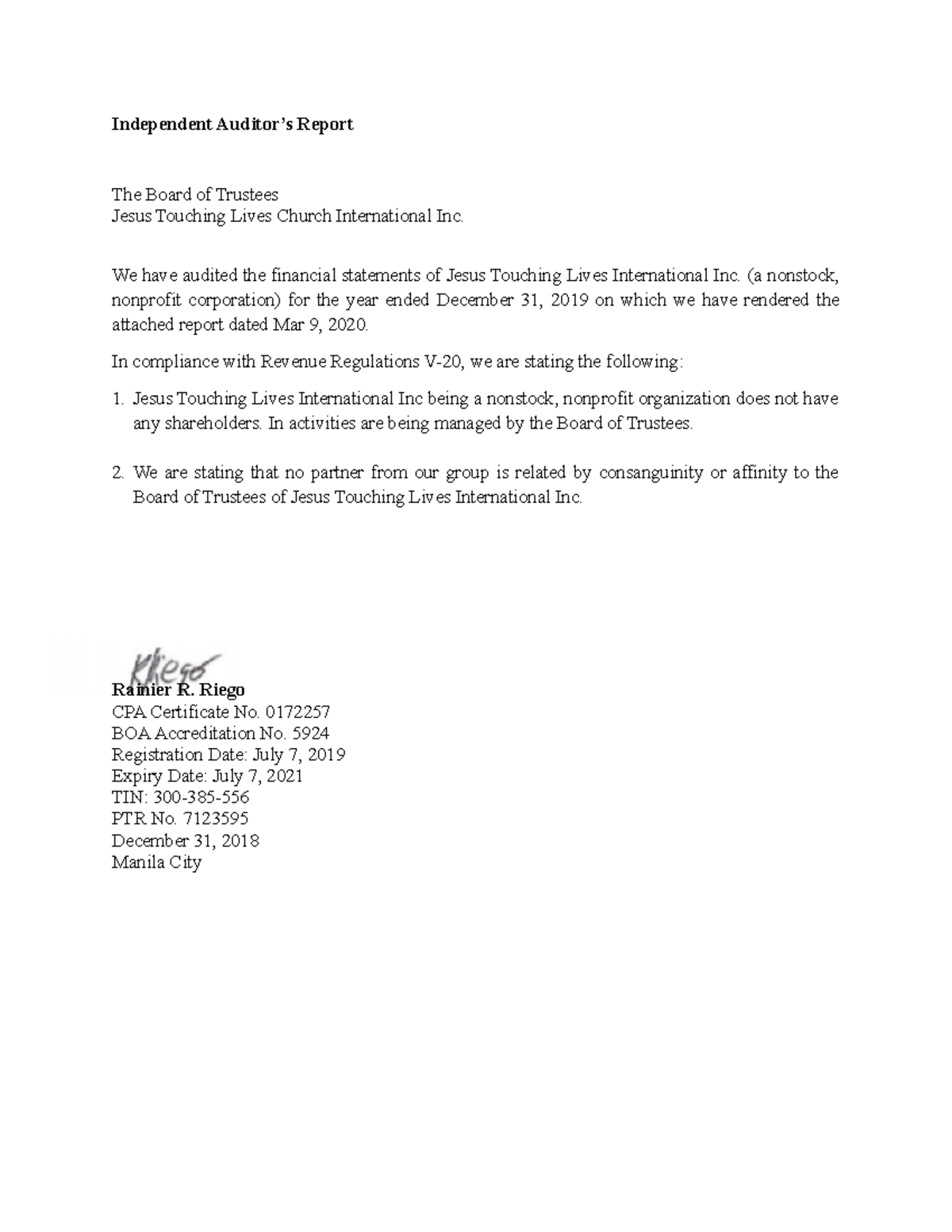 BSA 101: Independent Auditor's Report for Jesus Touching Lives Inc ...