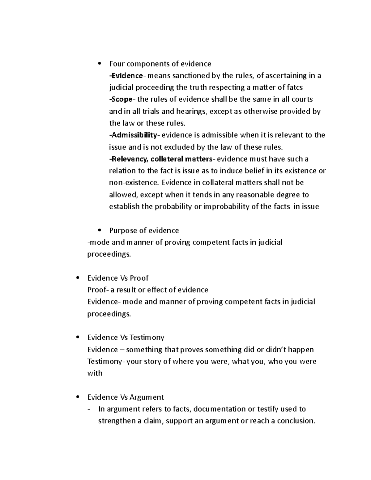 Criminal evidence - Lecture notes 1 - Four components of evidence ...