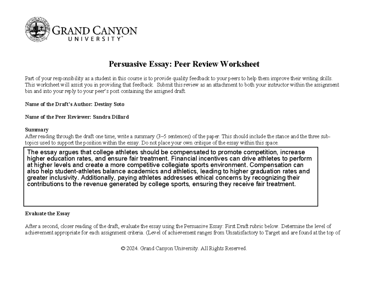 PHI-105-T-6 Peer Review Worksheet - Persuasive Essay: Peer Review ...