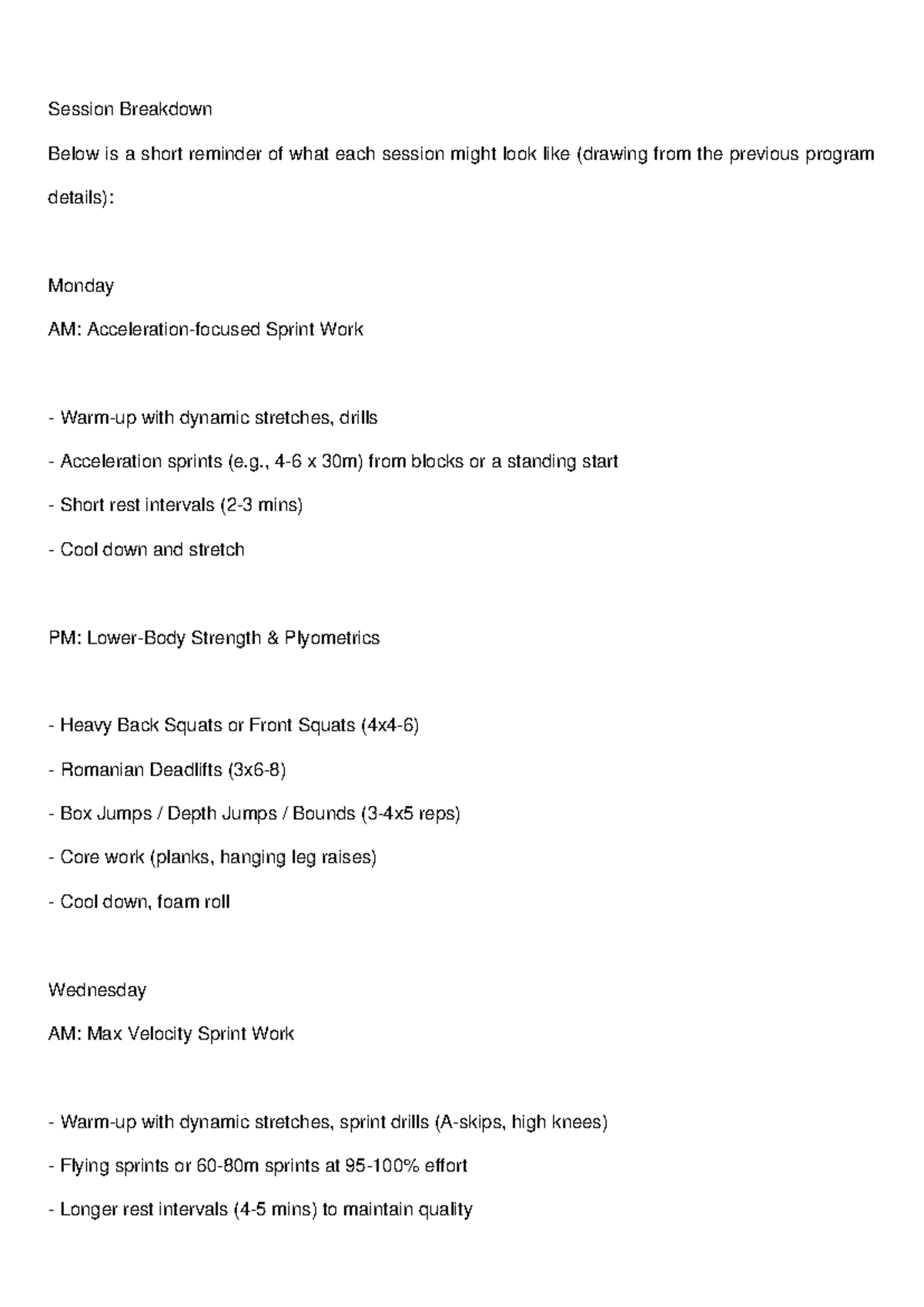 Weekly Training Session Breakdown for Sprinting & Strength Training ...