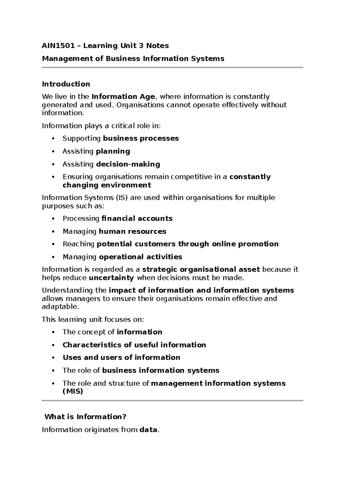 AIN1501 Learning Unit 3: Business Information Systems Overview - Studocu