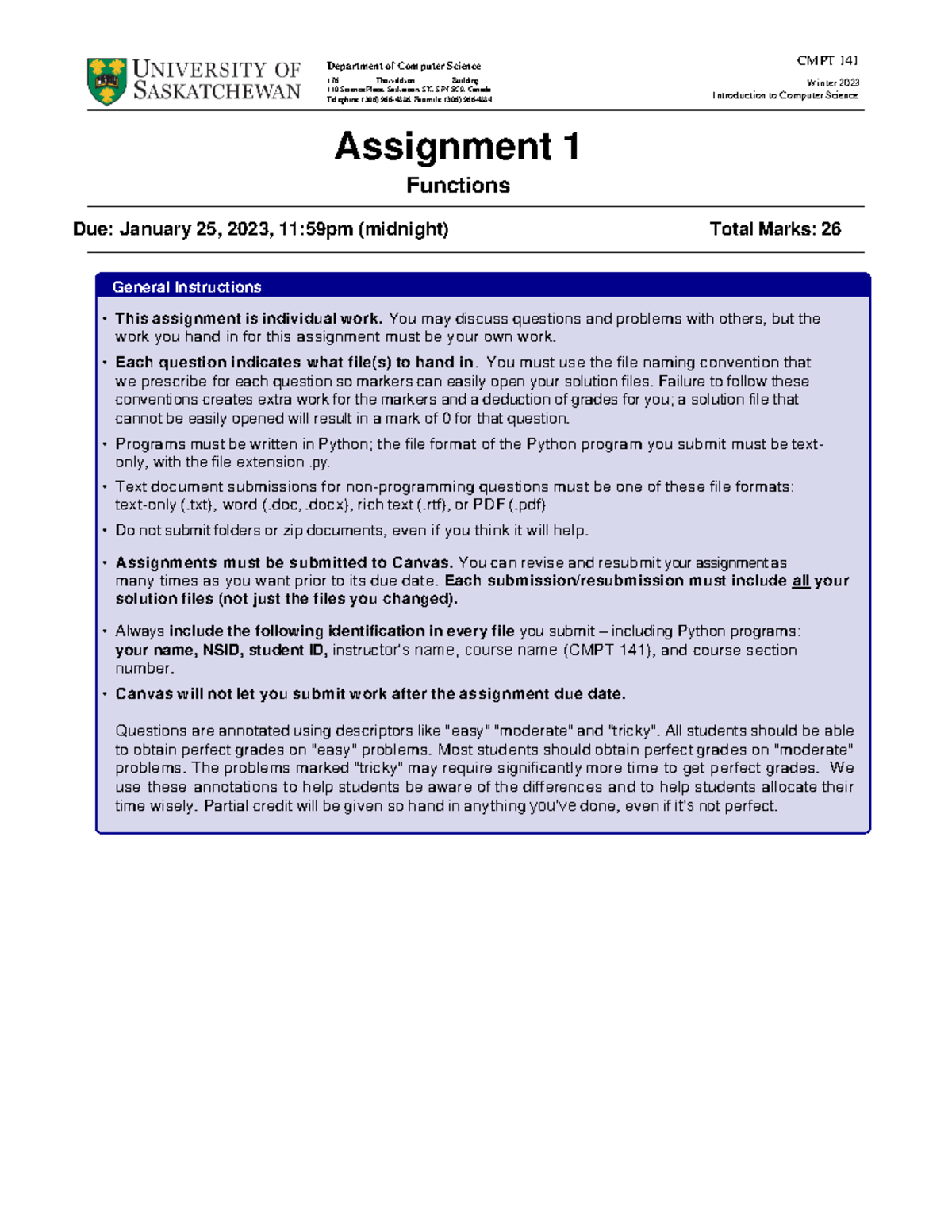 Assignment 1 (CMPT 141) - Winter 2023 - Functions and Tasks Overview - Studocu