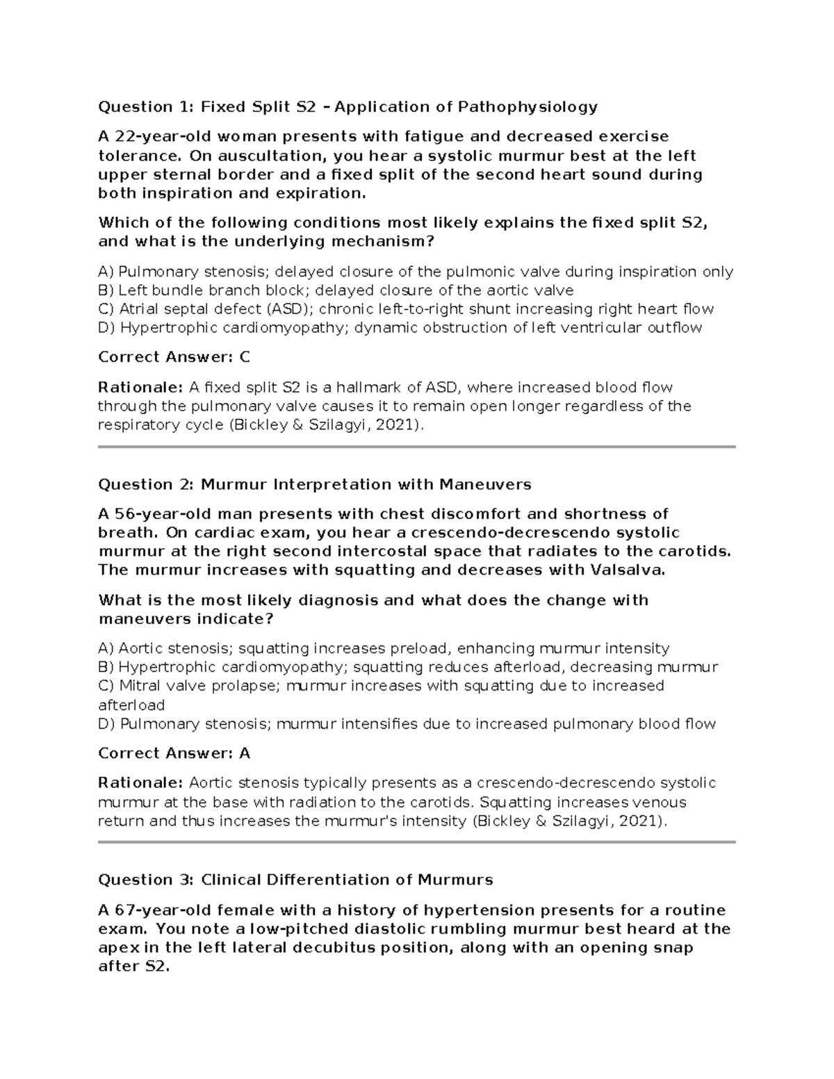 Practice Questions for Cardiology NR 506: Murmurs and Heart Sounds ...