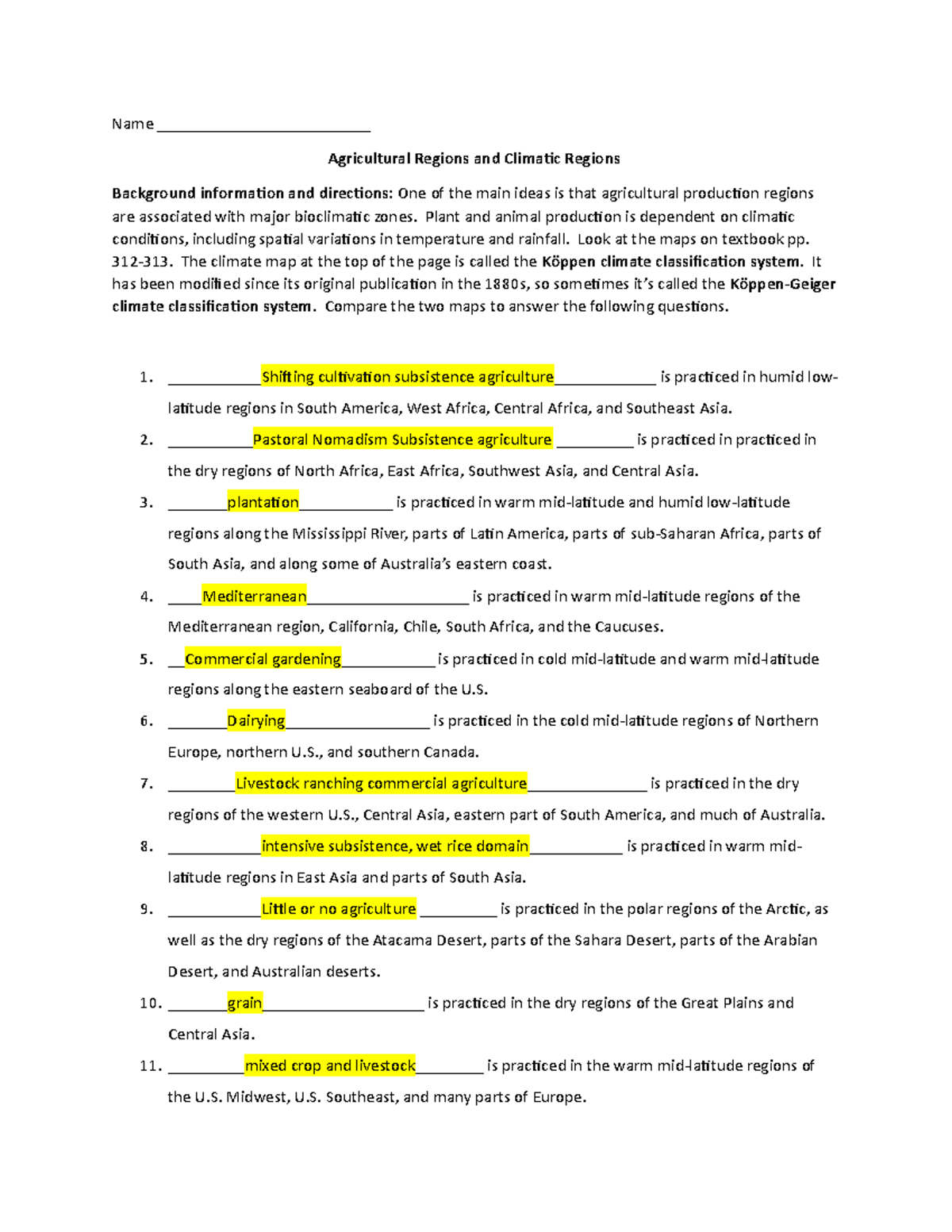Agricultural and climatic regions worksheet - Name Agricultural Regions ...