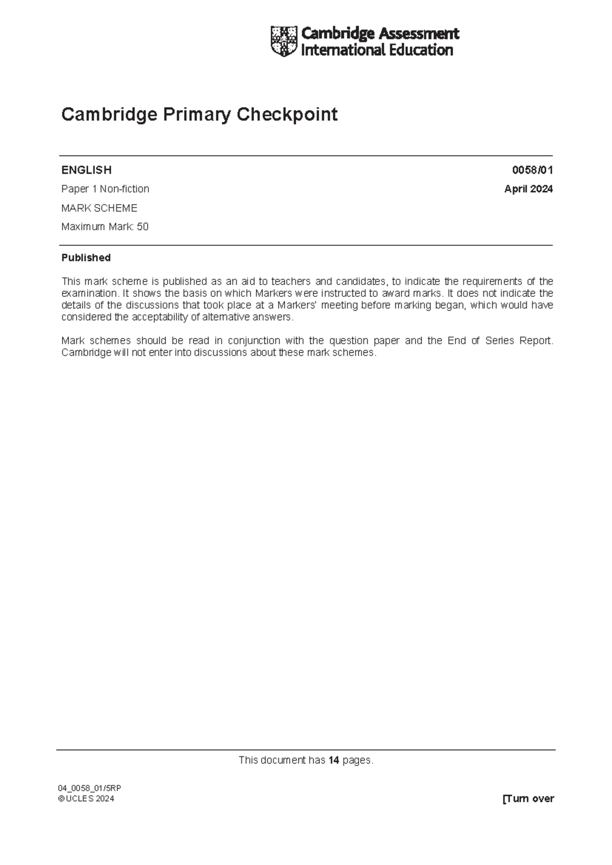 Cambridge Primary Checkpoint ENGLISH Paper 1 April 2024 Mark Scheme ...