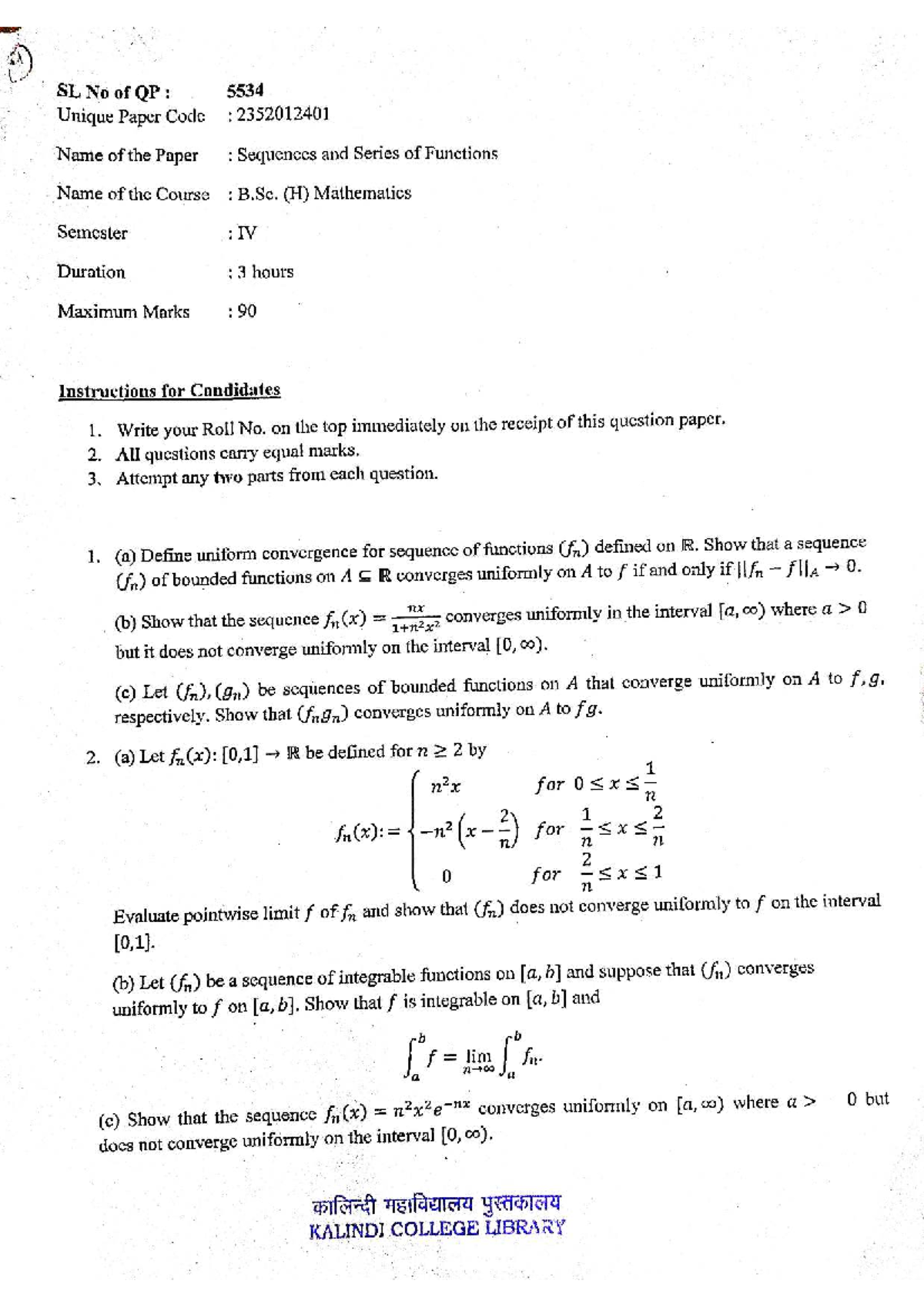QP 5534: Sequences and Series of Functions - B.Sc. (H) Math Sem IV ...
