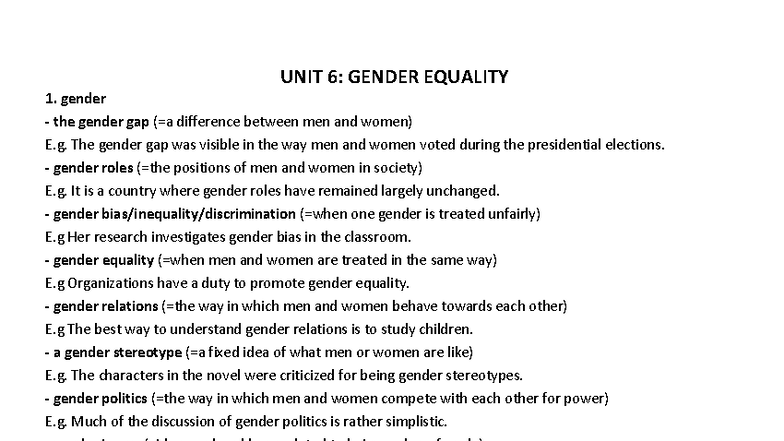 UNIT 6: GENDER EQUALITY - Key Concepts and Vocabulary - Studocu