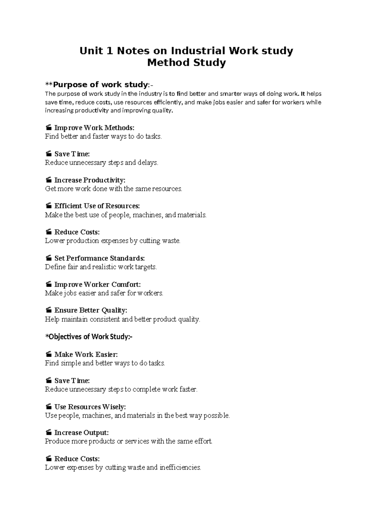 IWS Unit 1: Industrial Work Study Method Notes and Applications - Studocu