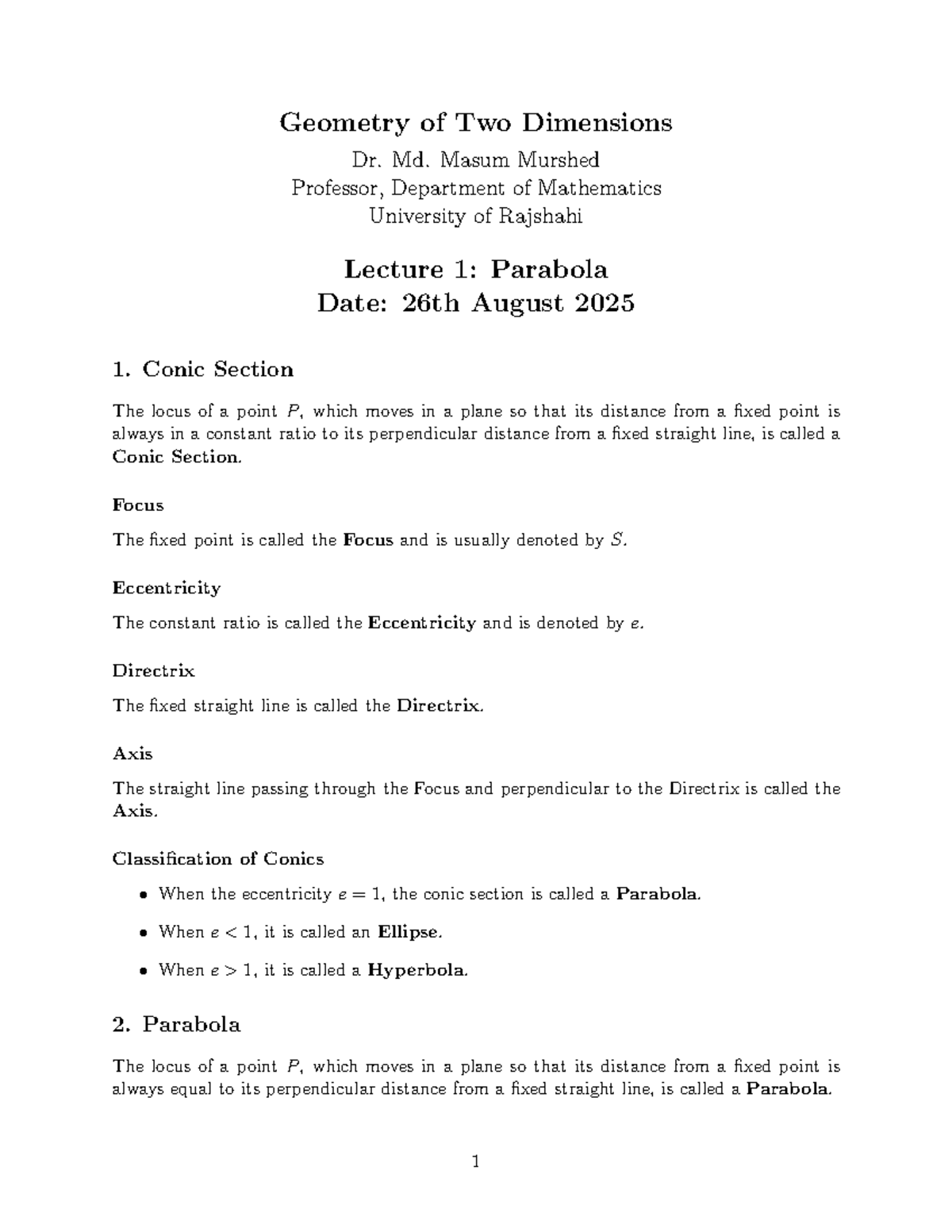 Geometry of Two Dimensions: Lectures 1-4 on Parabolas - Studocu