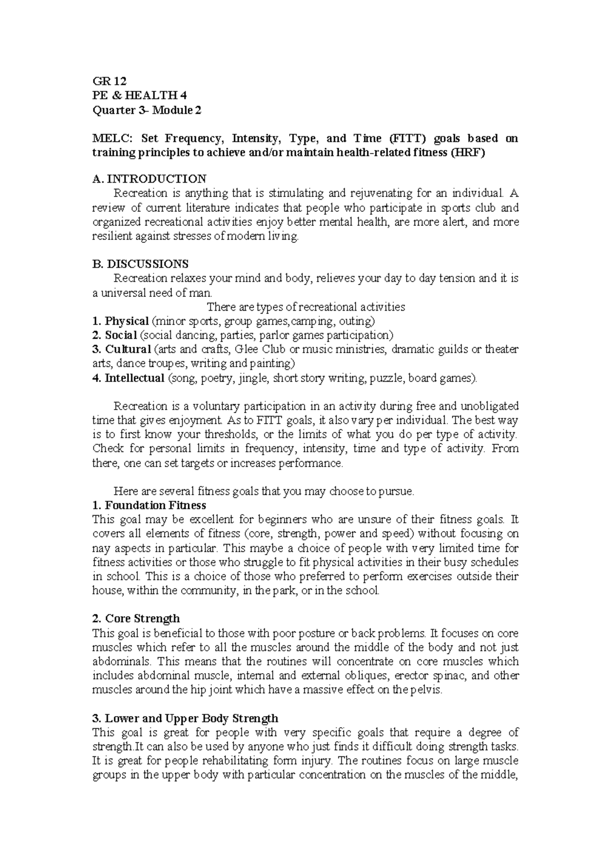 PE Health 4 GR 12 Q3 M2 Setting Effective FITT Goals for HRF - Studocu