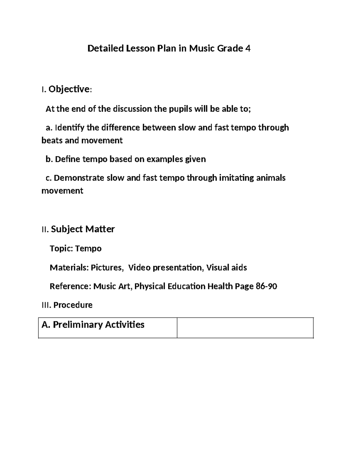Detailed Lesson Plan: Tempo in Music for Grade 4 - Studocu