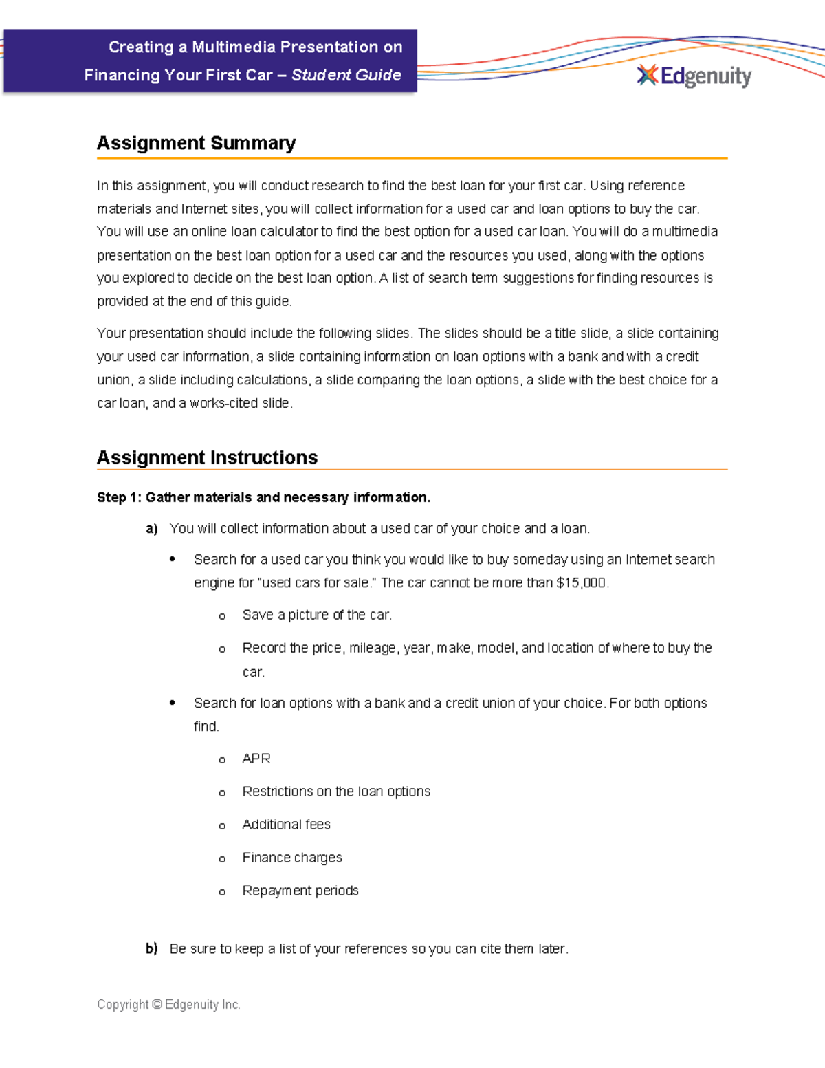 Student Guide: Multimedia Presentation on Financing Your First Car ...