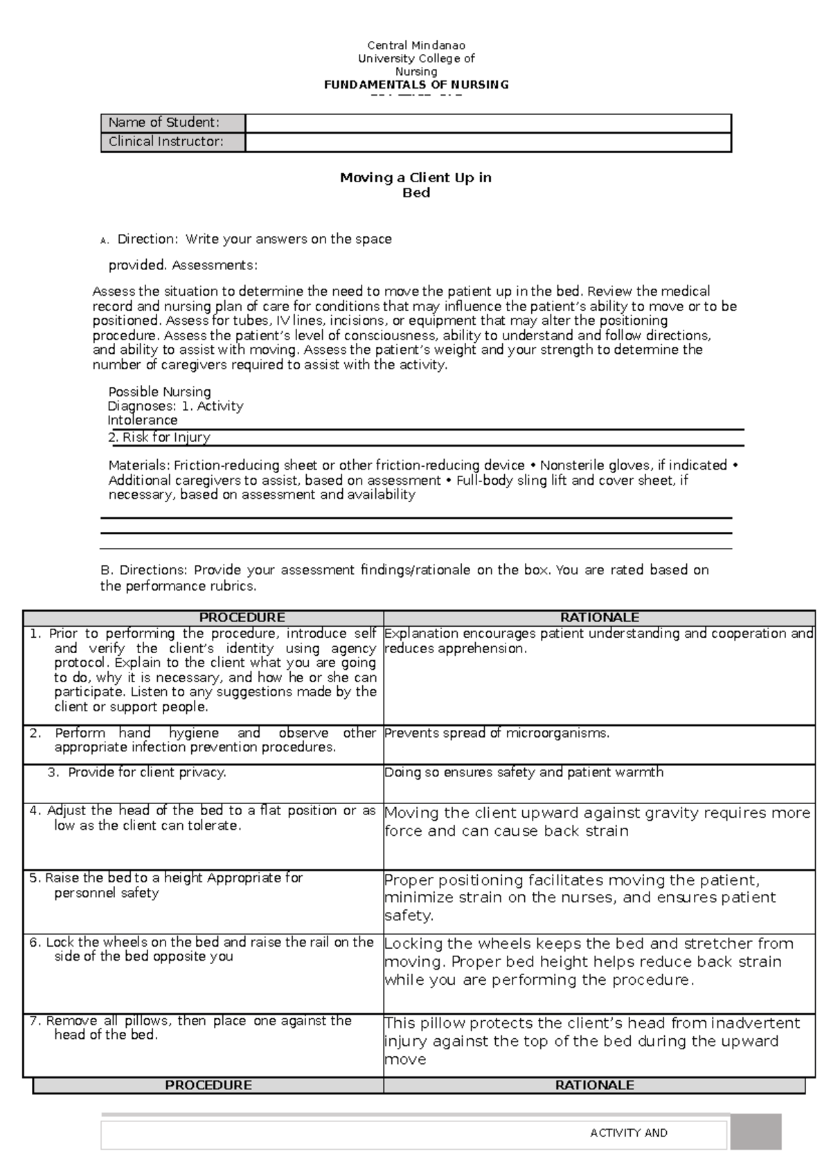 RLE Fundamentals of Nursing: Moving a Client Up in Bed Guide - Studocu