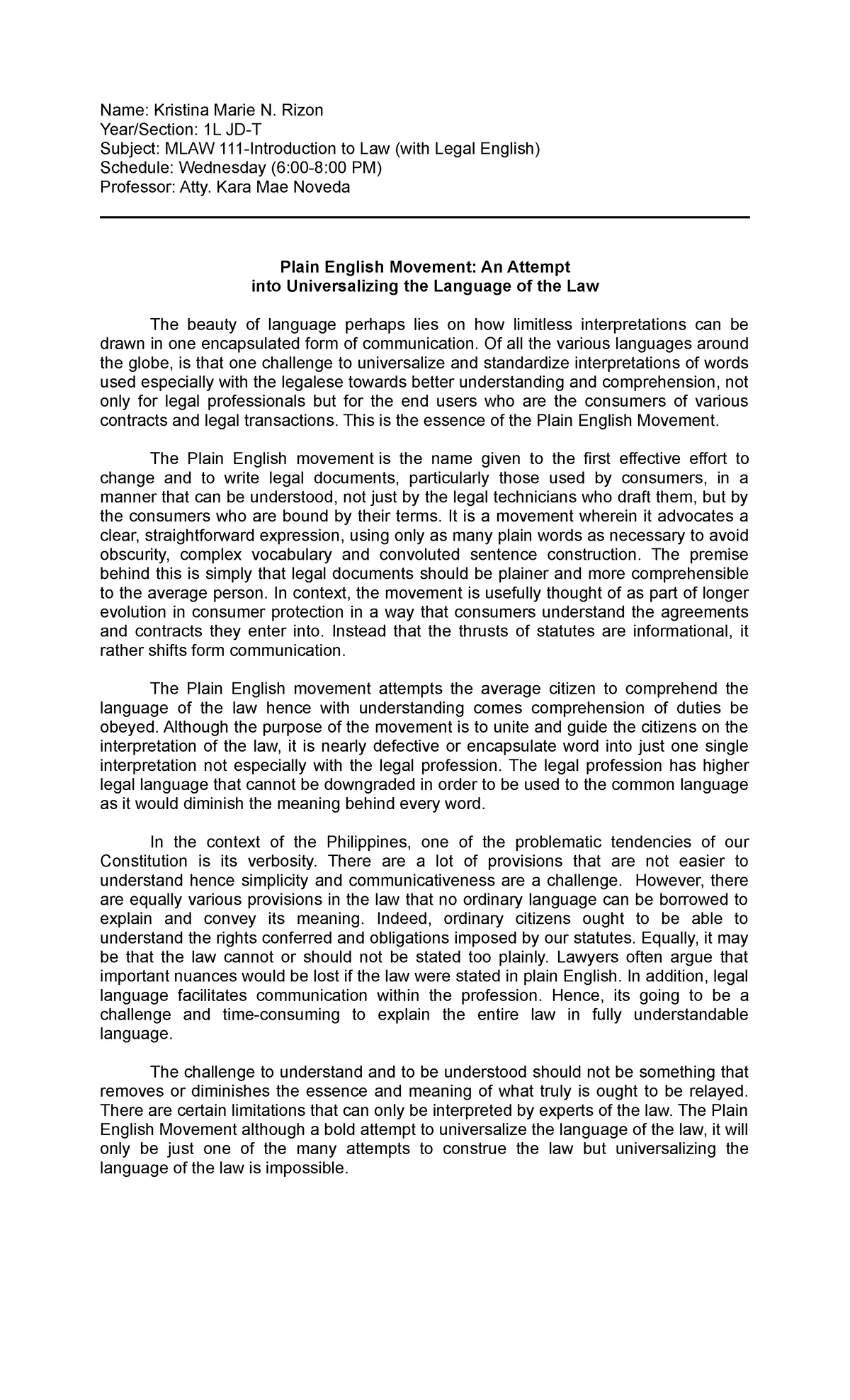 MLAW 111: The Plain English Movement in Legal Language Understanding ...