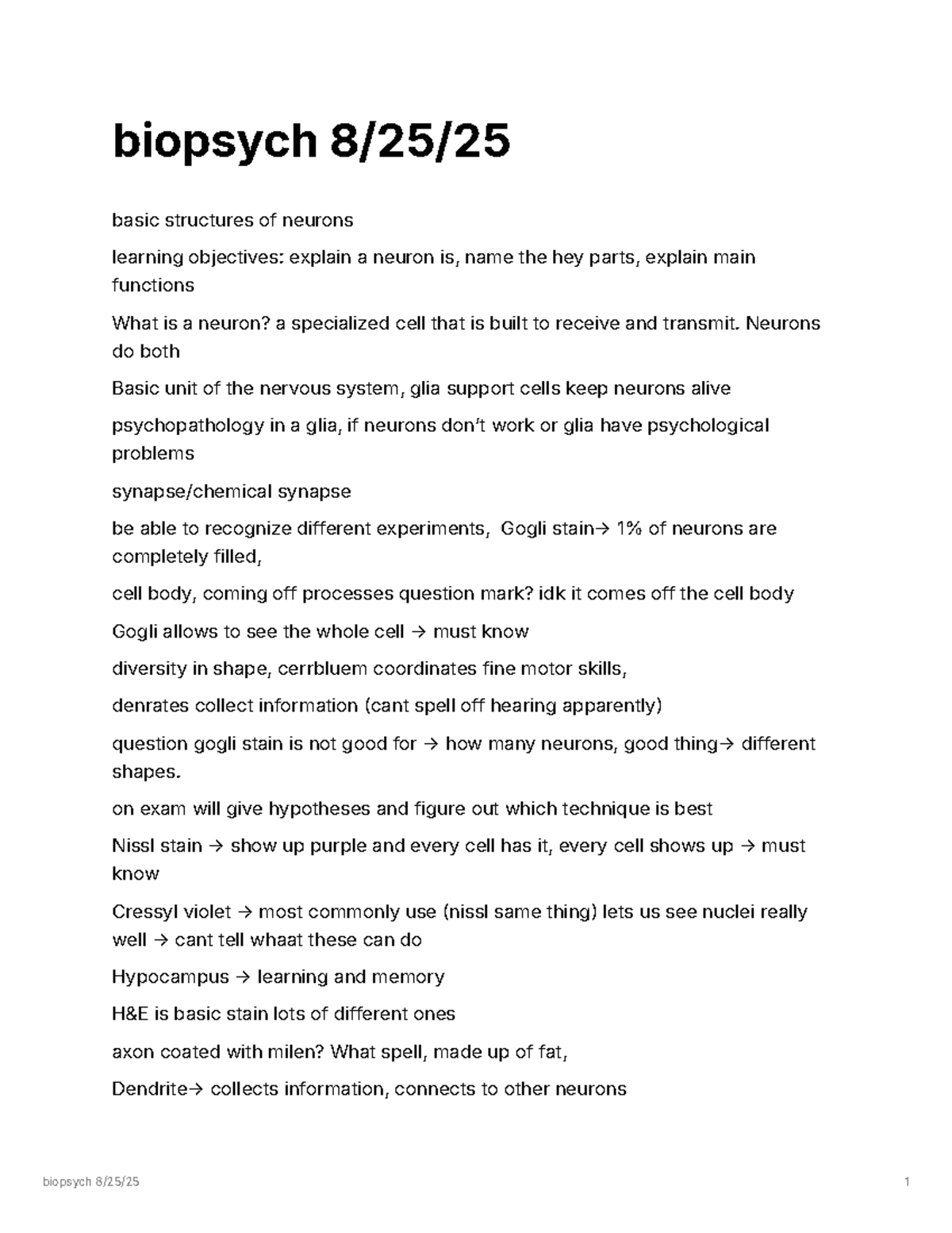 Biopsych 25 - Neuron Structures & Functions Overview - Studocu