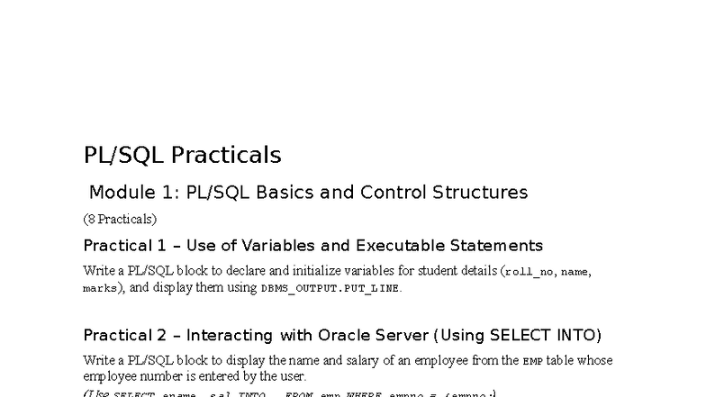 FYIT PL SQL Practicals: Basics, Control Structures & More - Studocu