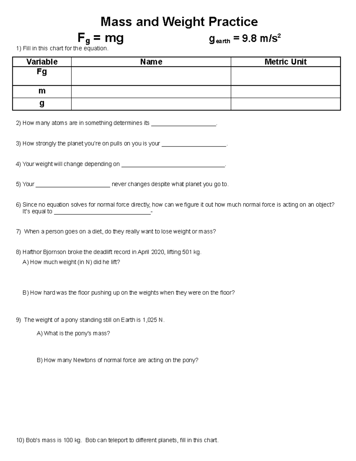 A-Mass and Weight Worksheet DL - Mass and Weight Practice 1) Fill in ...
