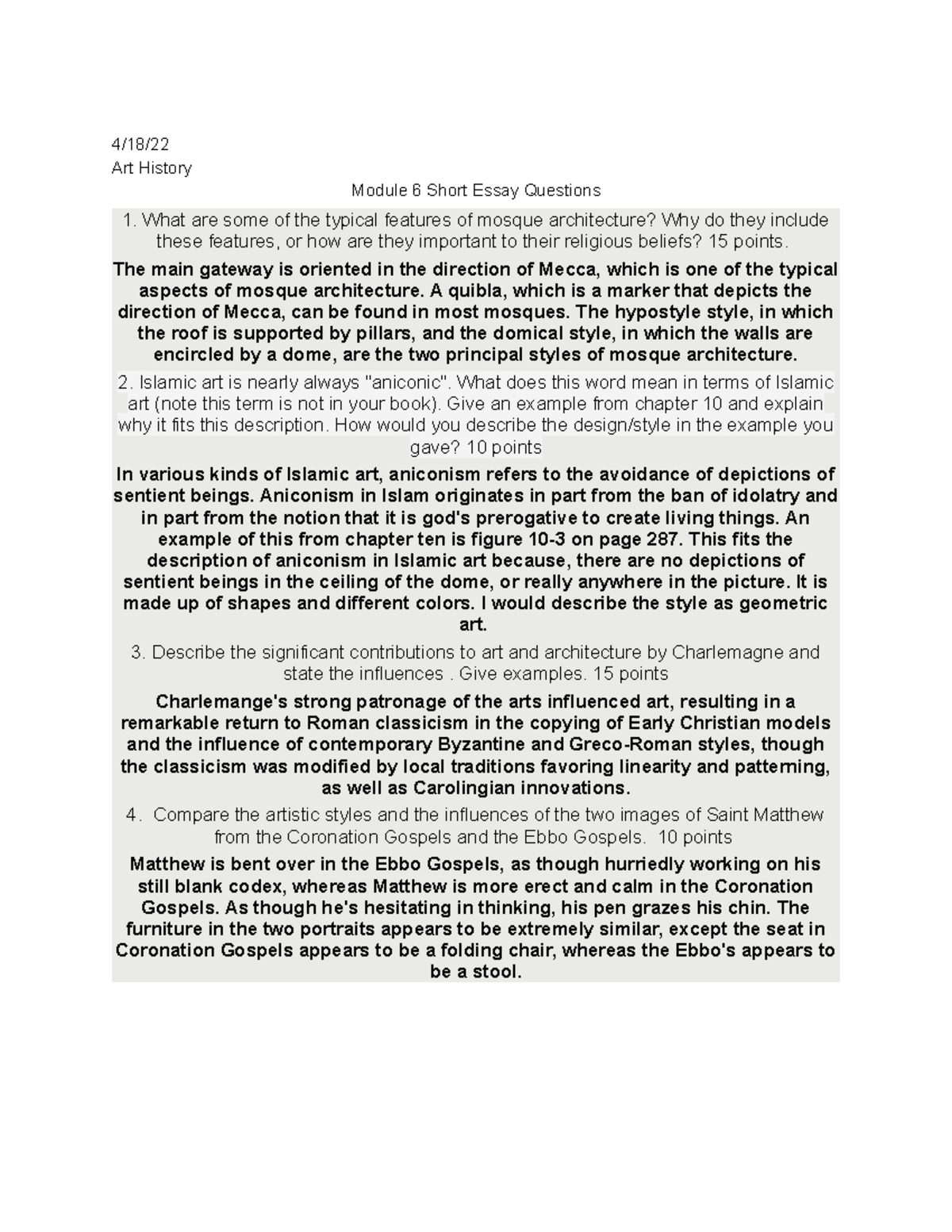 Mod 6 - Art History - Short Essay Questions and Key Concepts - Studocu
