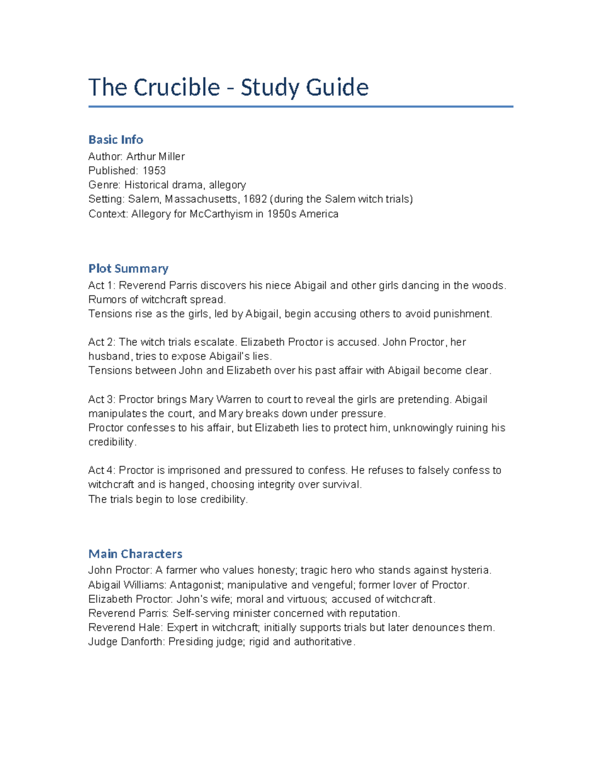 The Crucible Study Guide: Key Insights & Character Analysis - Studocu