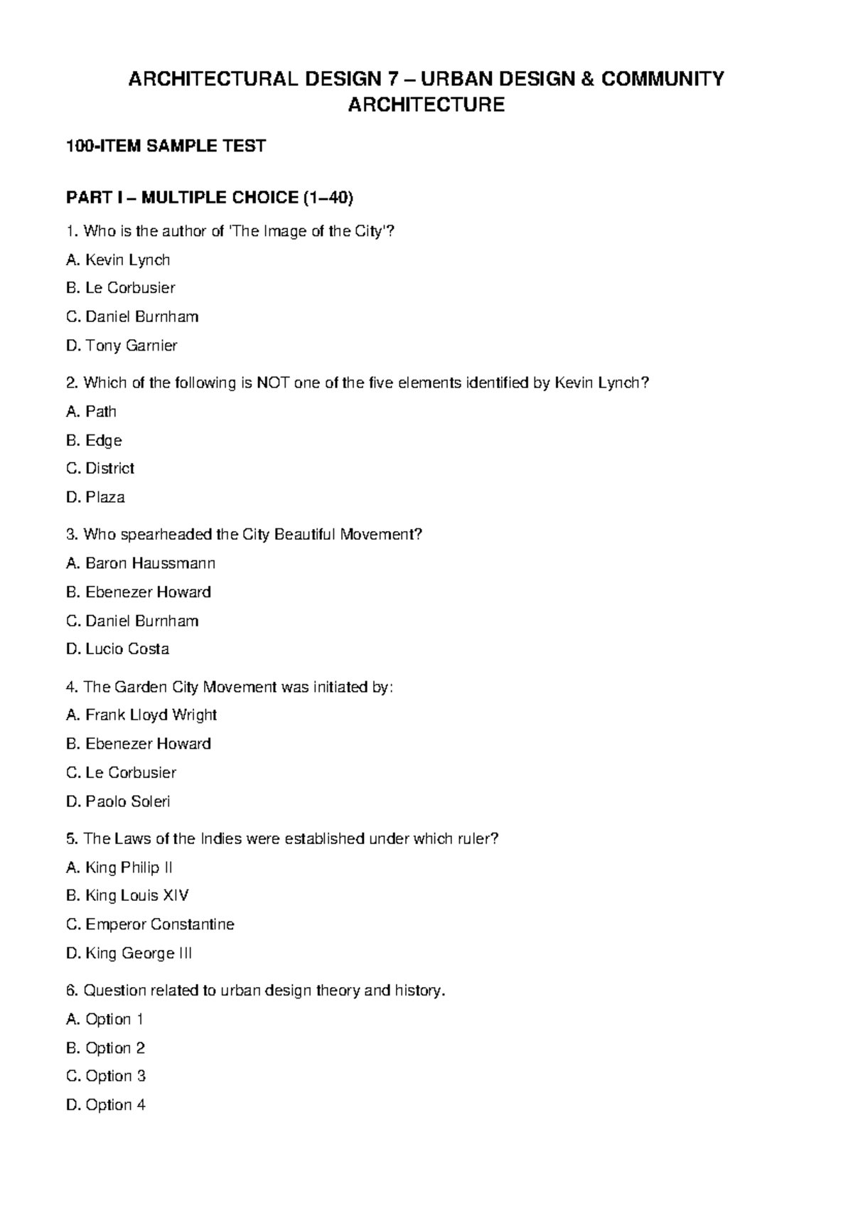 AD7 Urban Design Sample Test: 100 Multiple Choice Questions - Studocu