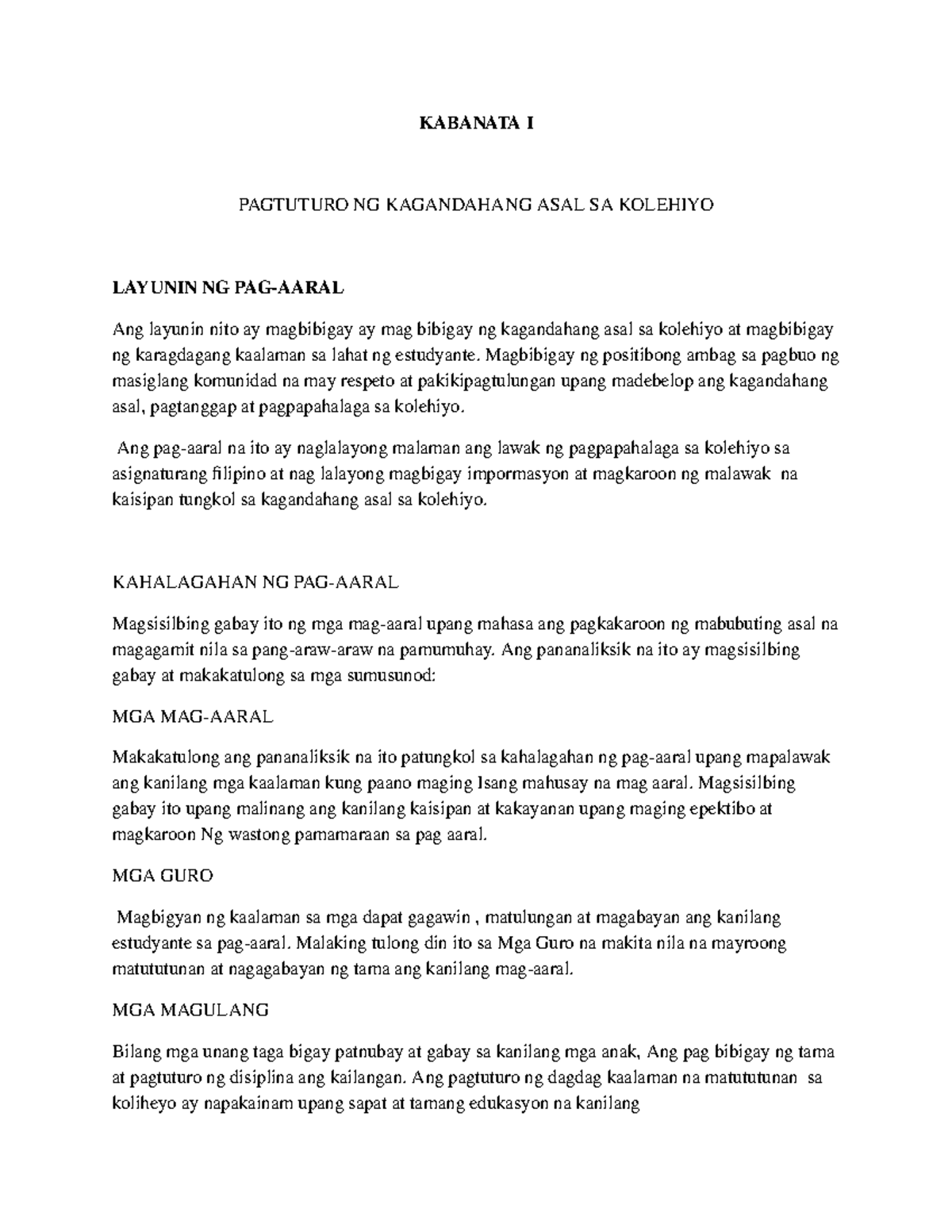 KBNT1 2 Kagandahang Asal sa Kolehiyo: Layunin at Kahalagahan - Studocu