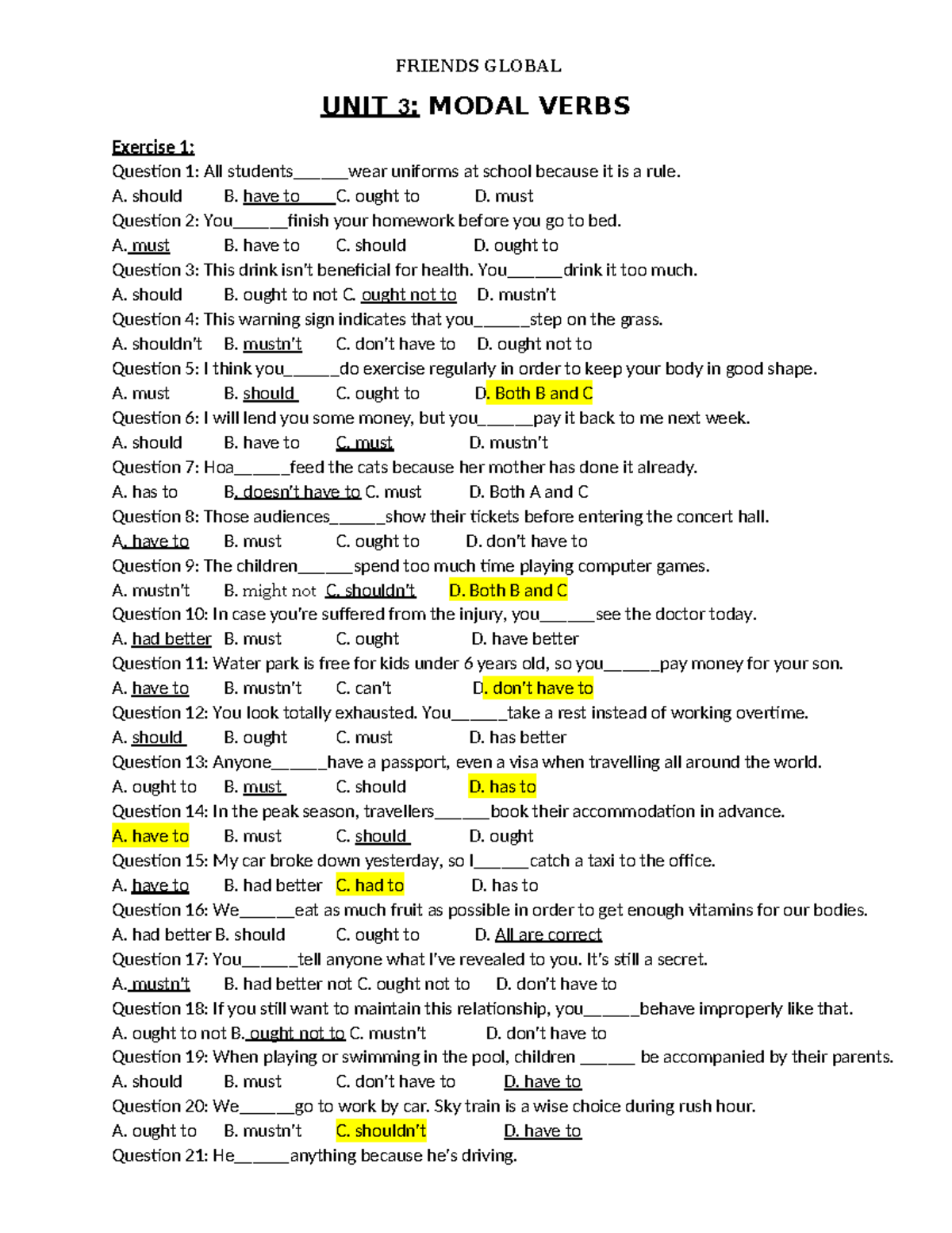 UNIT 3: MODAL VERBS Exercises and Questions for Practice - Studocu