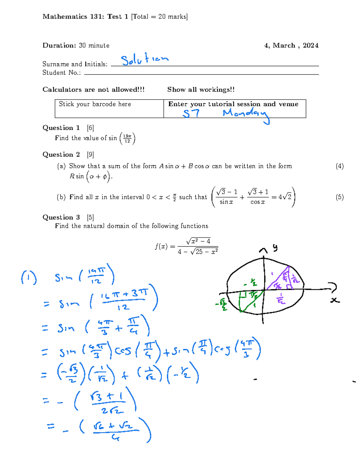 Mathematics 131: Test 1 Solutions - March 4, 2024 - Studocu