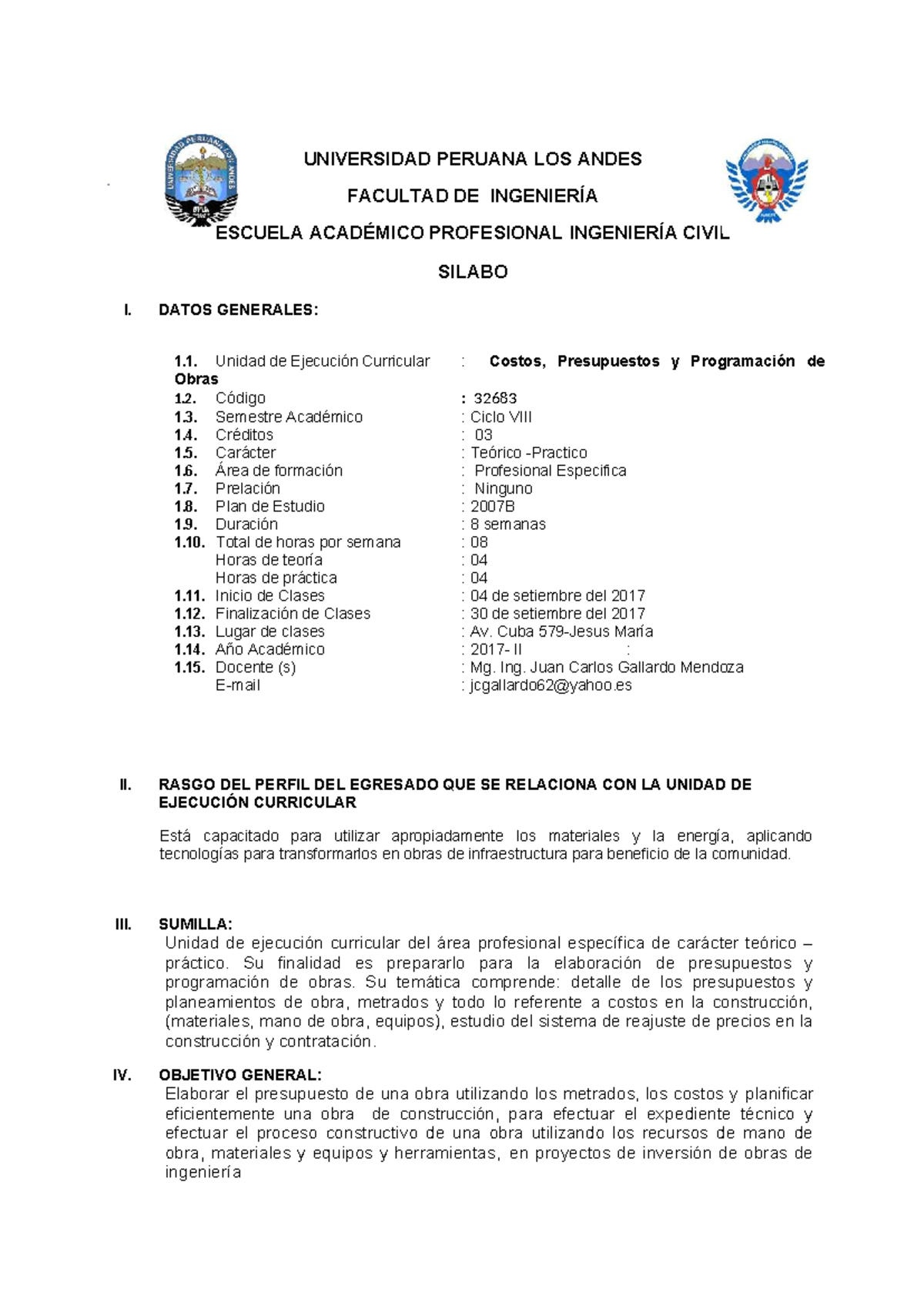 Sílabo de Costos, Presupuestos y Programación de Obras 2017-2 - Studocu