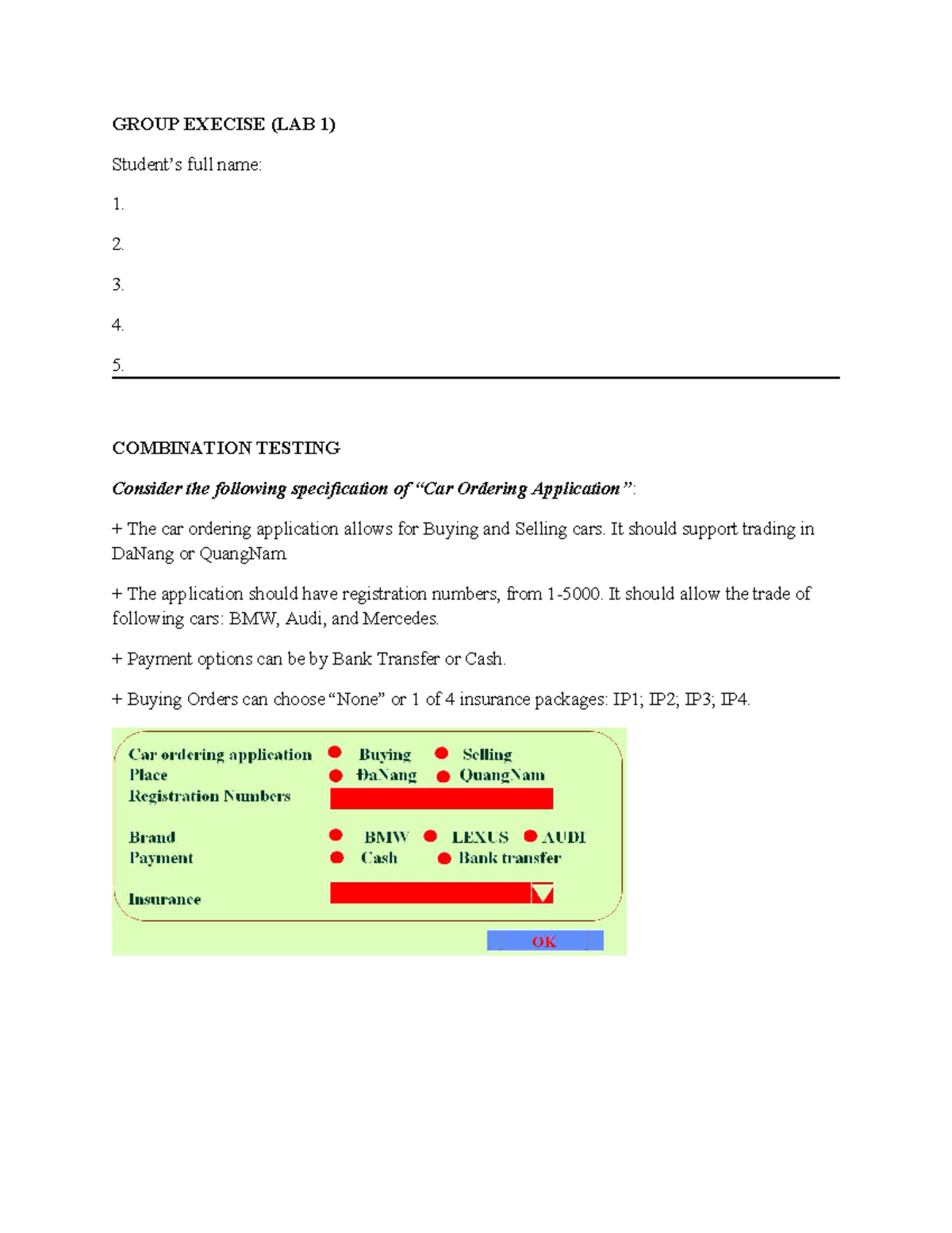 Exercise Combination Testing - GROUP EXECISE (LAB 1) Student’s full ...