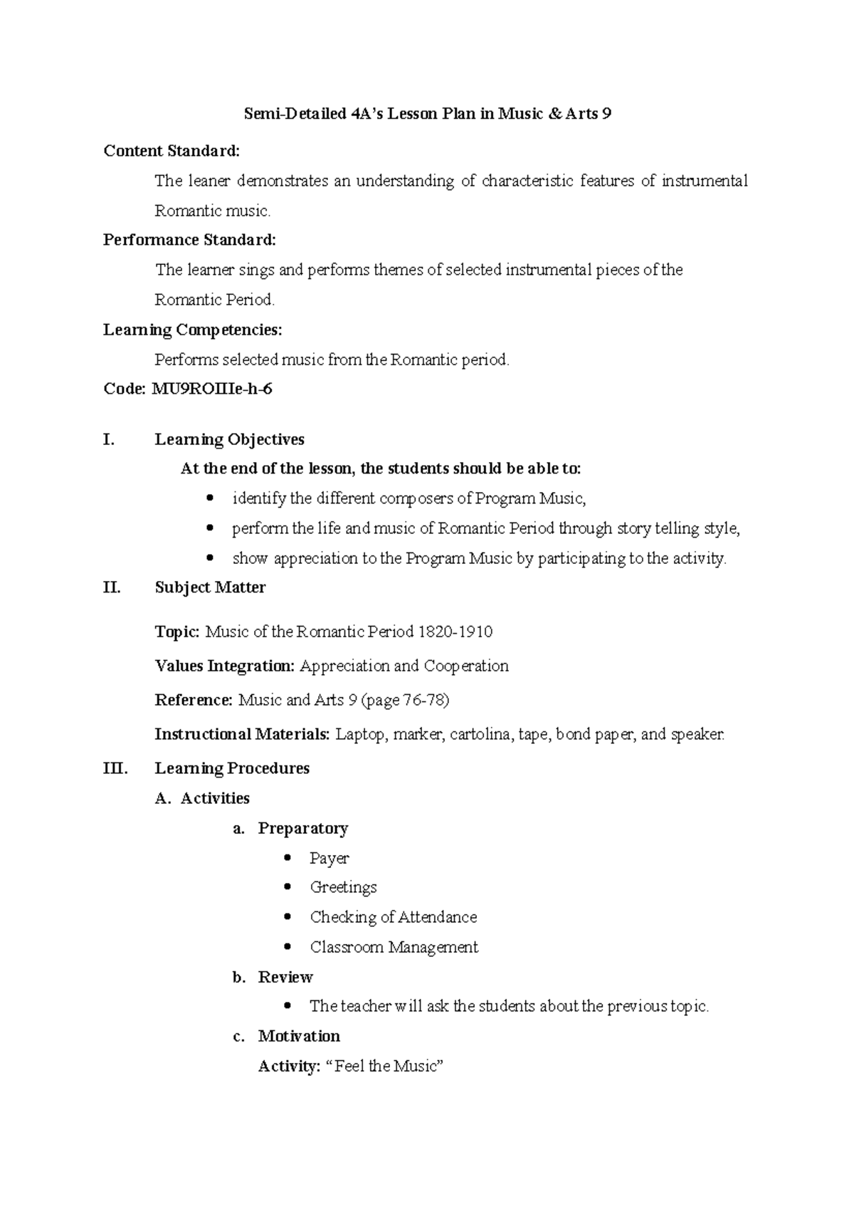 MU9ROIIIe-h: Semi-Detailed Lesson Plan on Romantic Music - Studocu
