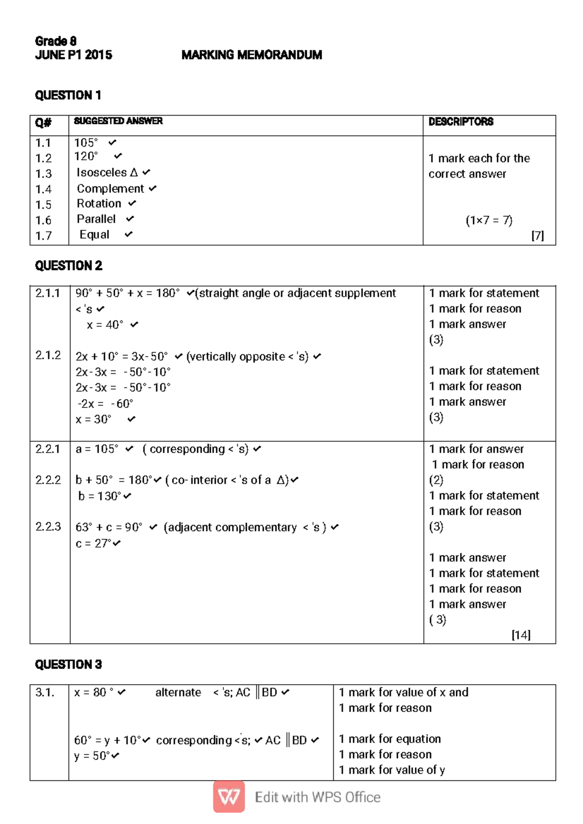 Mathematics Gr 8 Paper 2 Memorandum June 2015 - Grade 8 JUNE P1 2015 ...
