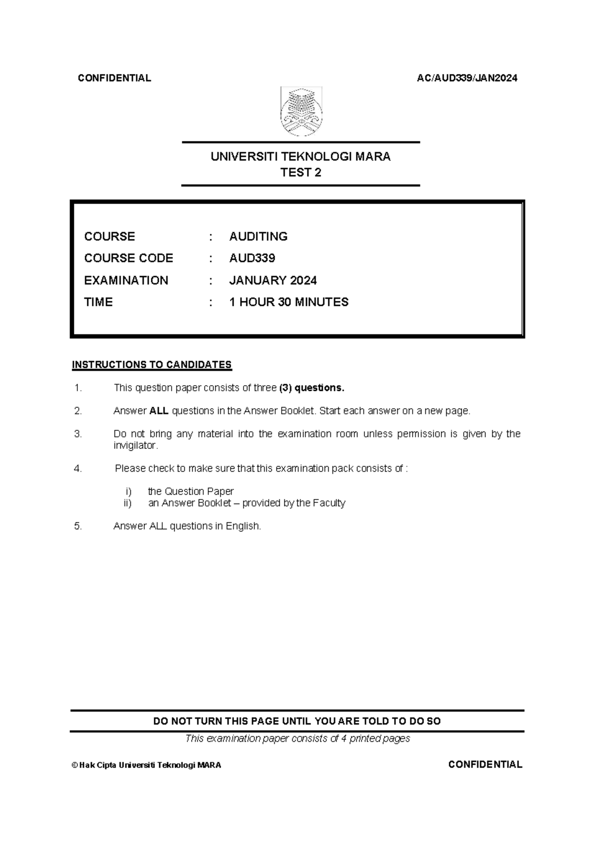 CT2 AUD339 Final Exam January 2024: Auditing Test 2 Questions - Studocu