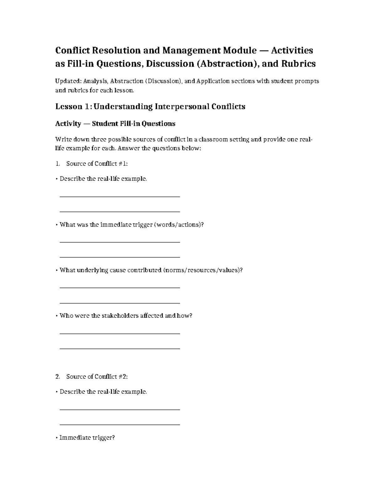 Conflict Resolution Module Activities & Rubrics (CR101) - Studocu