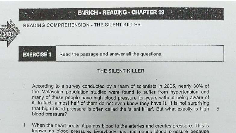 ENRICH READING CHAPTER 19: THE SILENT KILLER COMPREHENSION EXERCISES ...