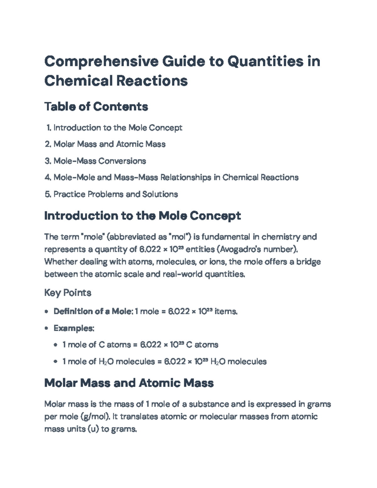 Mole-Mass and Stoichiometry Calculations Guide for Chemistry ...
