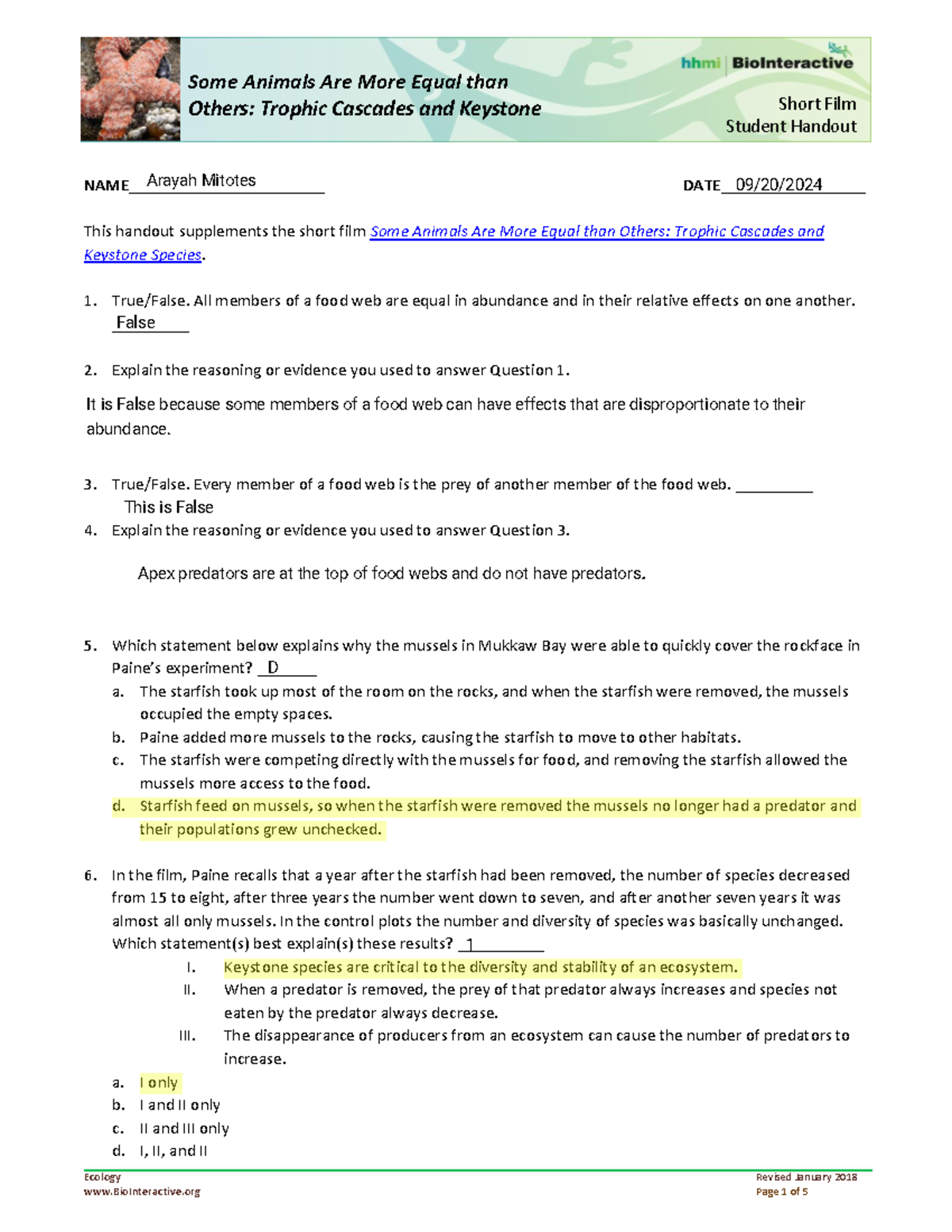 HHMI Video Guide: Trophic Cascades & Keystone Species Study Notes - Studocu