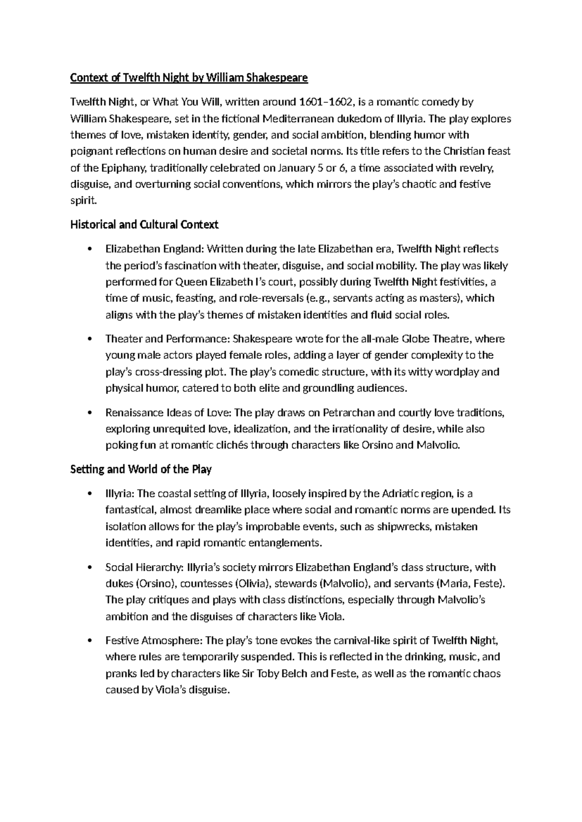 Context and Analysis of Twelfth Night (ENG 101) - Studocu