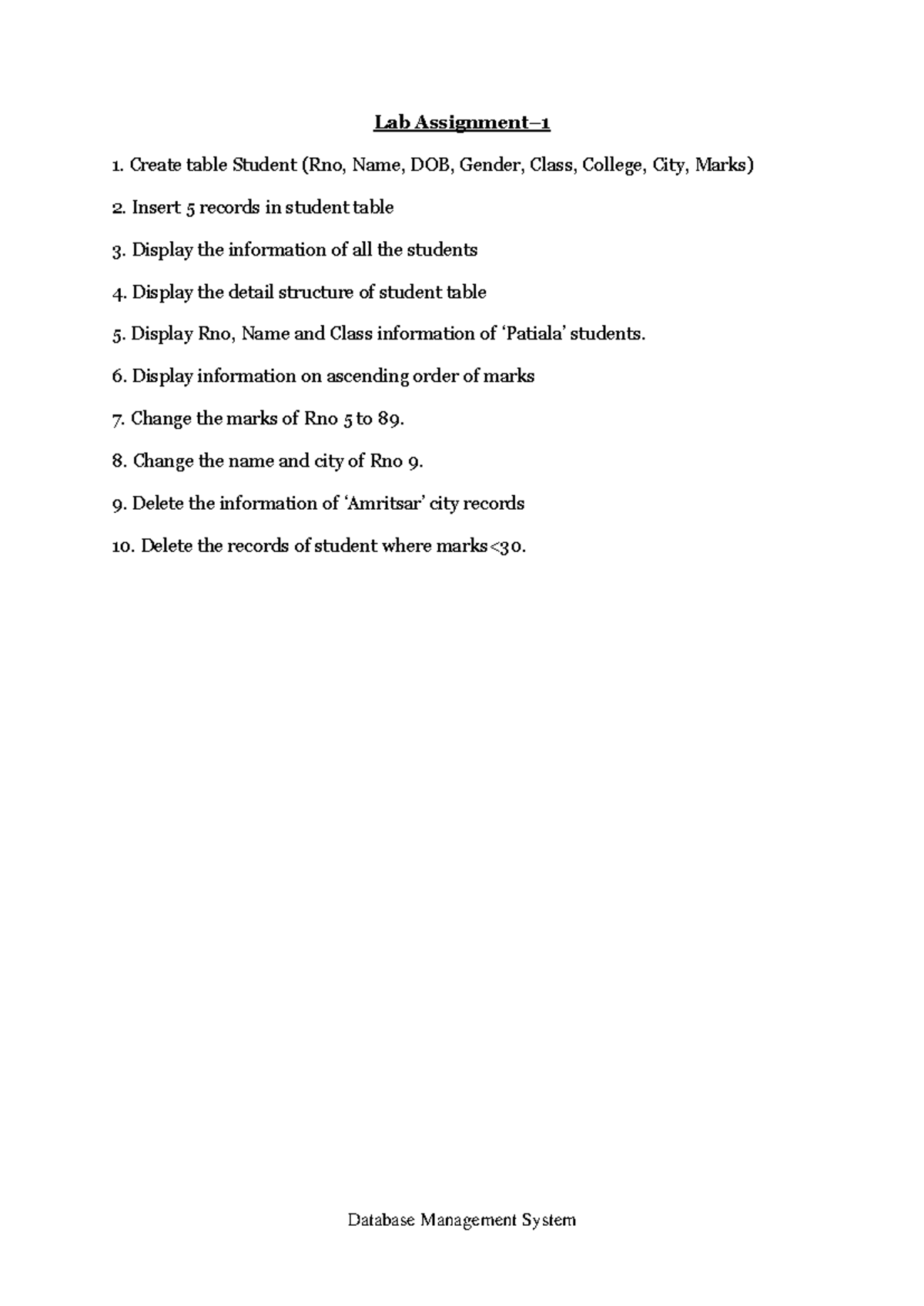 Lab Assignment 1 and 2 - Database Management System Lab Assignment– 1 ...
