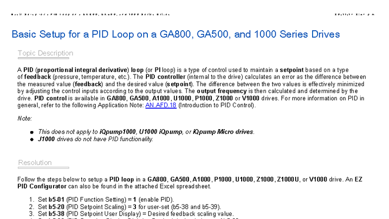 Basic Setup for PID Loop: GA800, GA500 & 1000 Series Drives Guide - Studocu