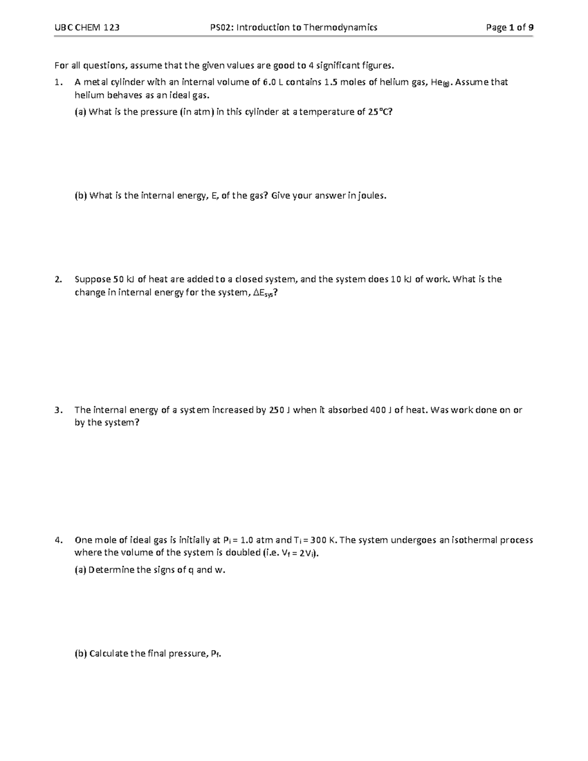 UBC CHEM 123 PS02: Intro to Thermodynamics Study Guide 2025W2 - Studocu