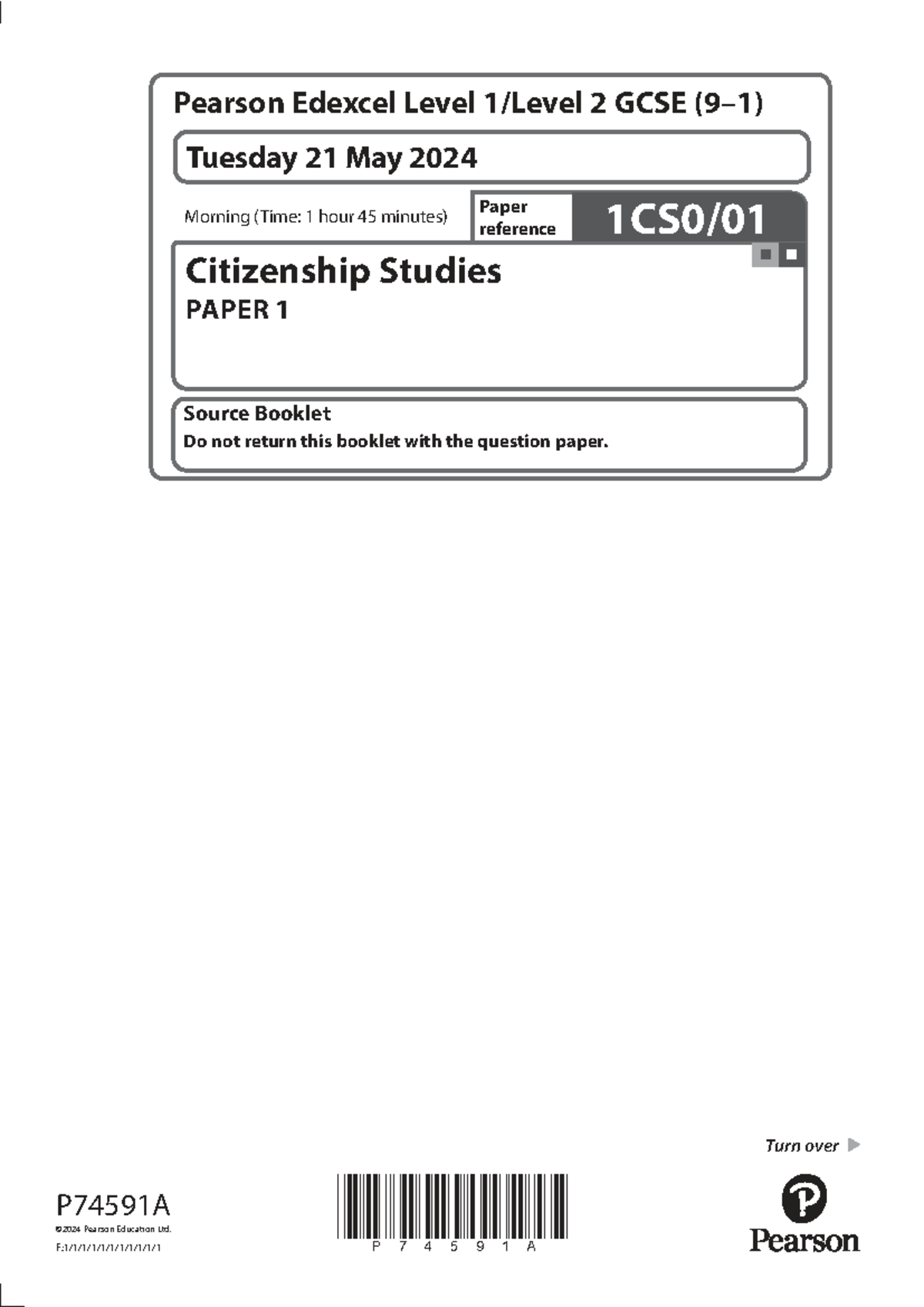 Pearson Edexcel Level 2 GCSE Citizenship Studies Paper 1 Source Booklet ...