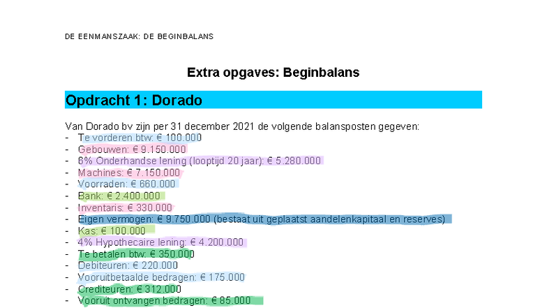 DE EENMANSZAAK: BEGINBALANS OPDRACHTEN EN OEFENINGEN - Studeersnel