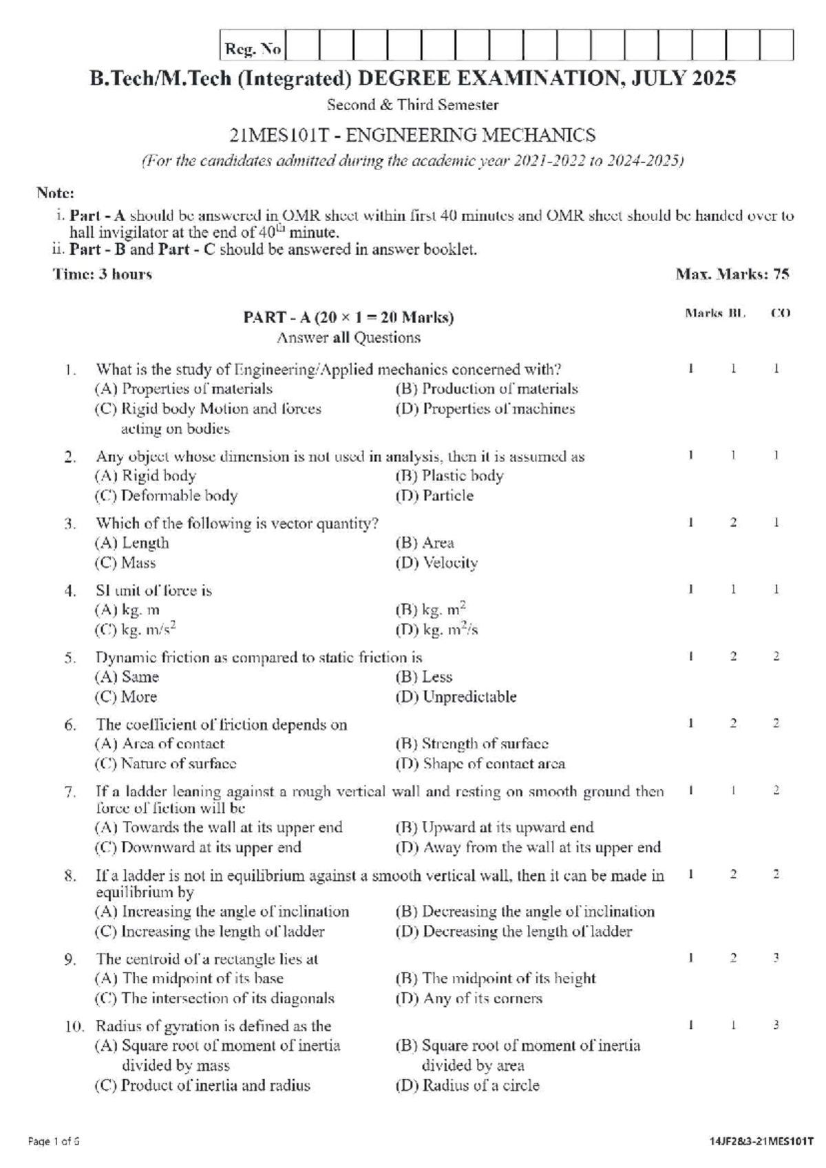 2025 July 21MES101T Engineering Mechanics Exam Questions - Studocu