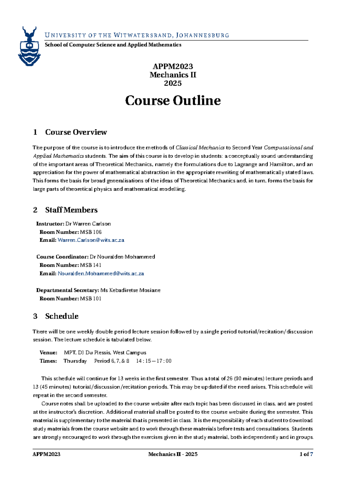 APPM2023 Mechanics II 2025 Course Outline and Overview - Studocu