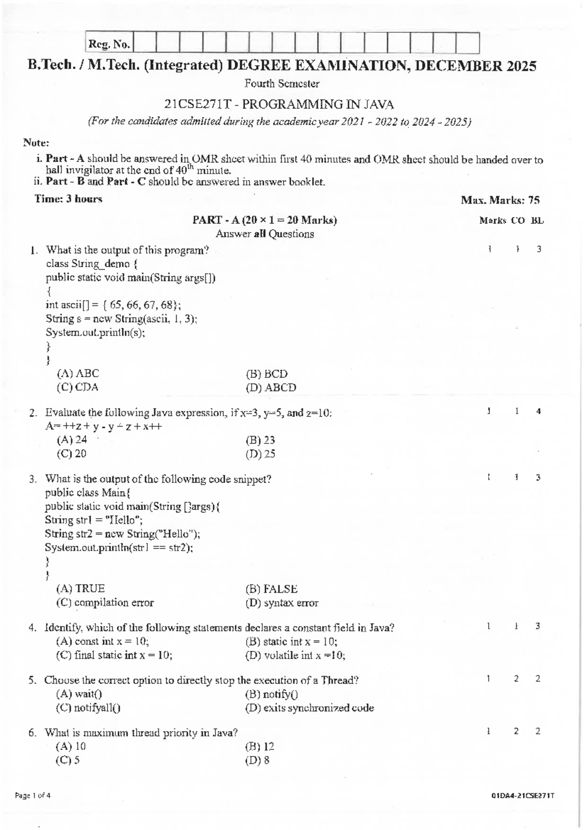 21CSE271T Final Exam Programming in Java - December 2025 - Studocu