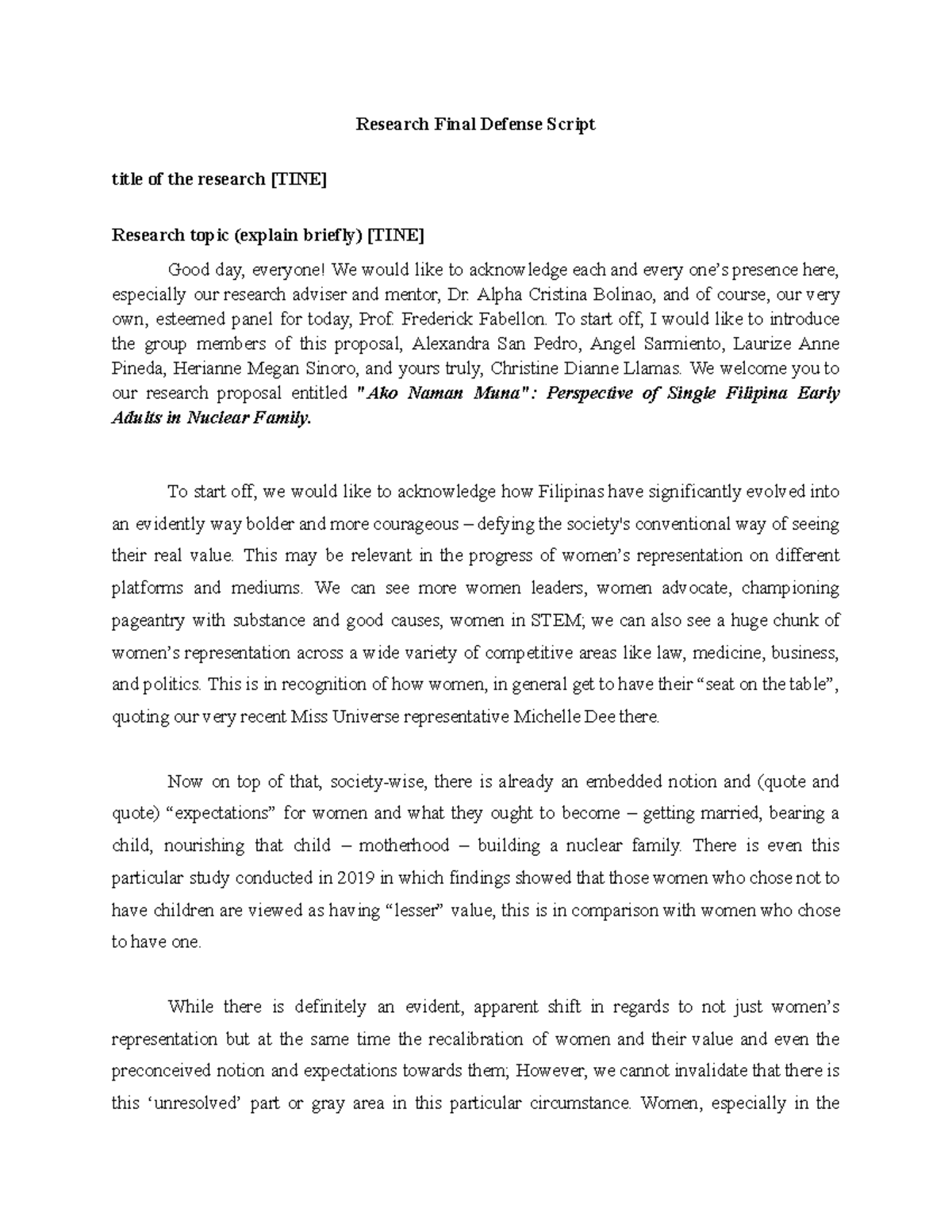 research manuscript - Research Final Defense Script title of the ...