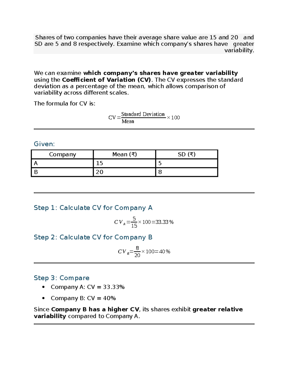 Share Variability Comparison: Coefficient of Variation Analysis - Studocu
