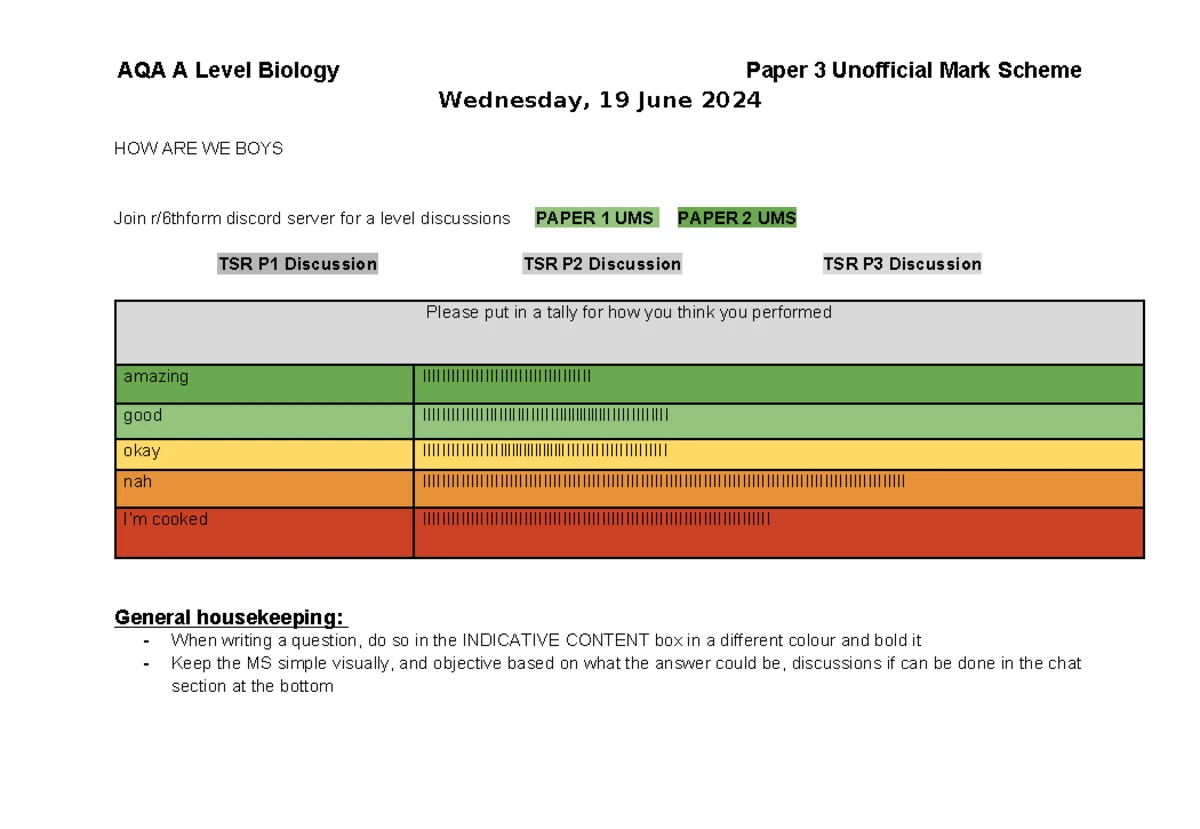 A Level Biology AQA Paper 3 Unofficial Mark Scheme Overview - Studocu
